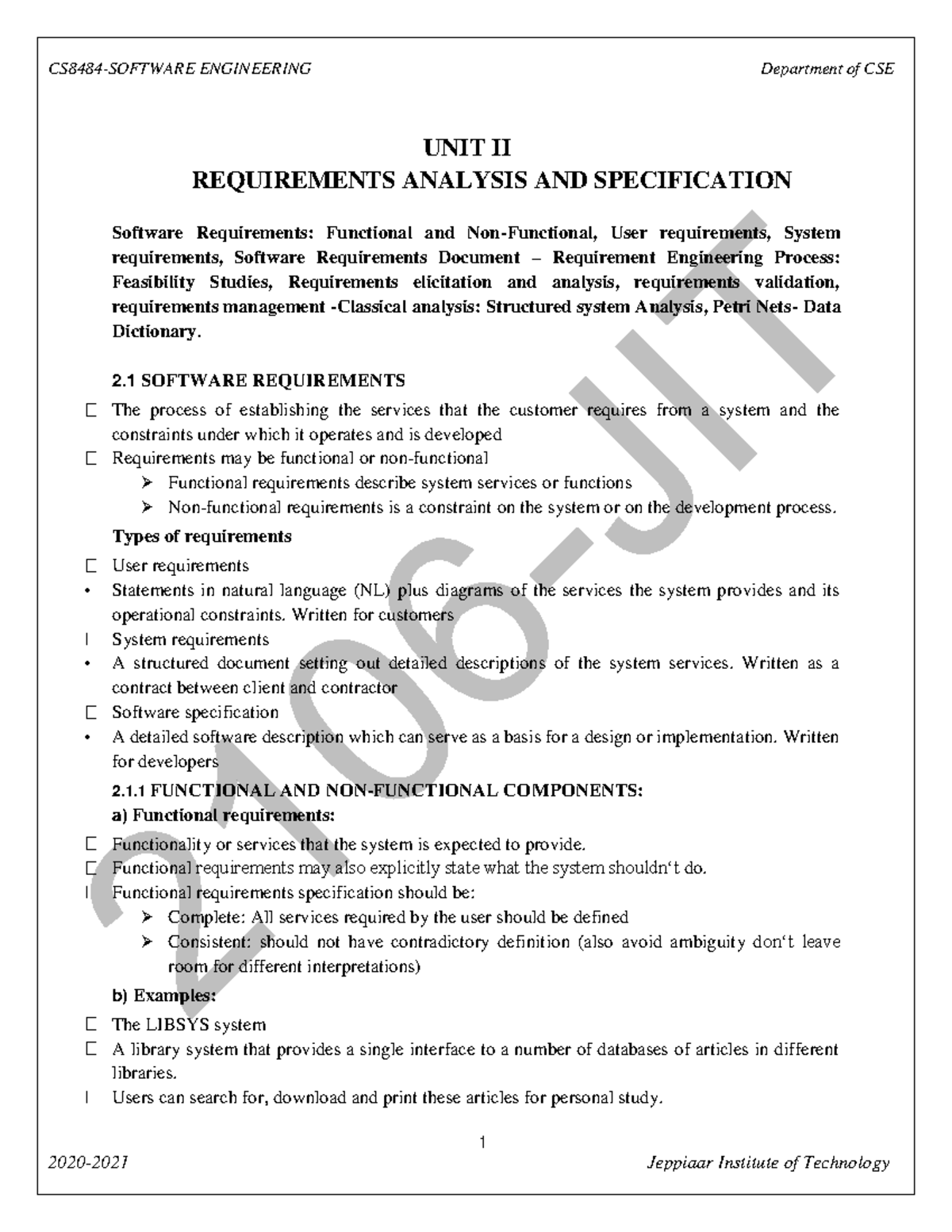 CSE 202: Unit II - Requirements Analysis & Specification Notes - Studocu