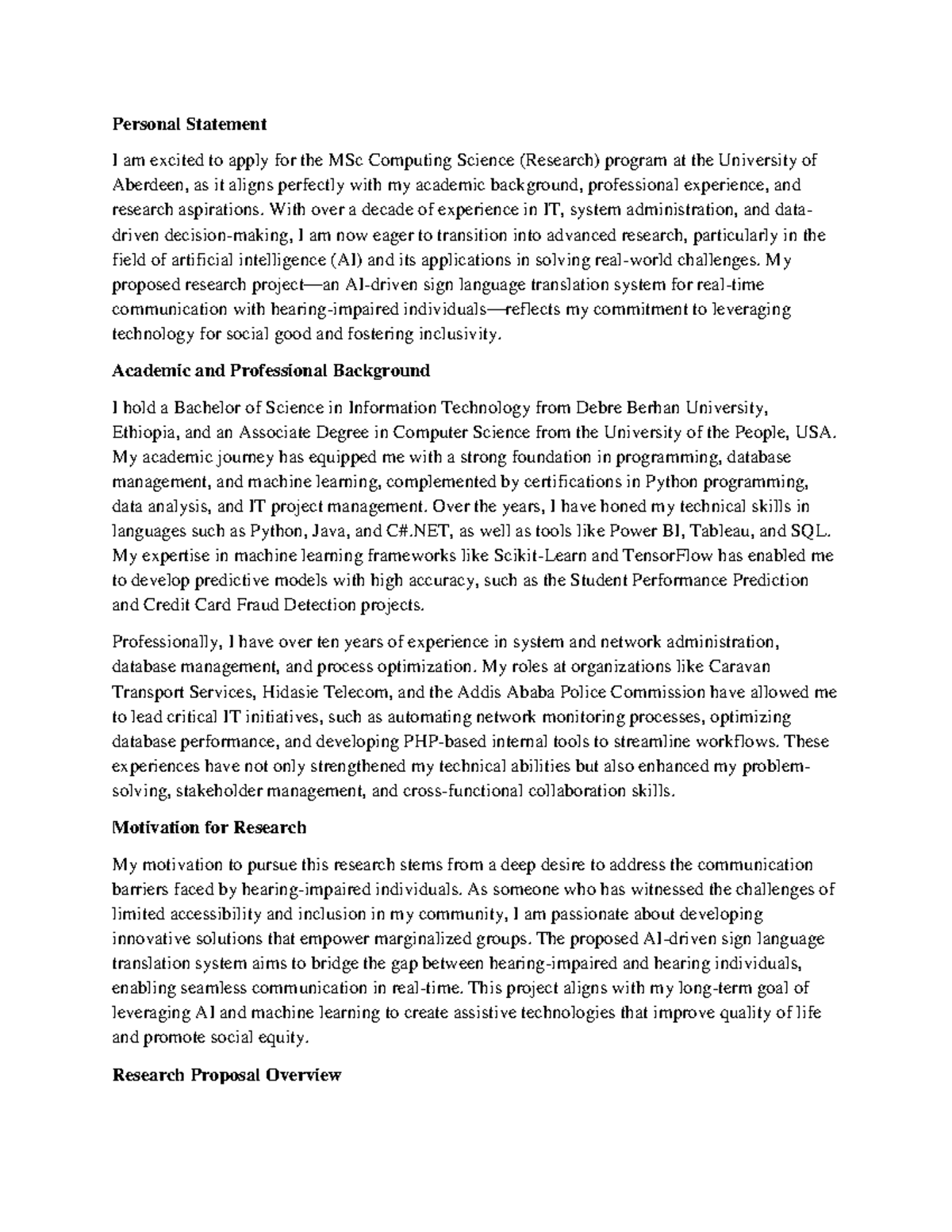MSc Computing Science (Research) Personal Statement for University of ...