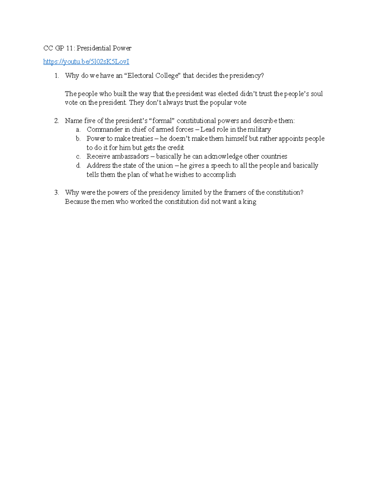 CC GP 11: Overview of Presidential Powers and Electoral College - Studocu