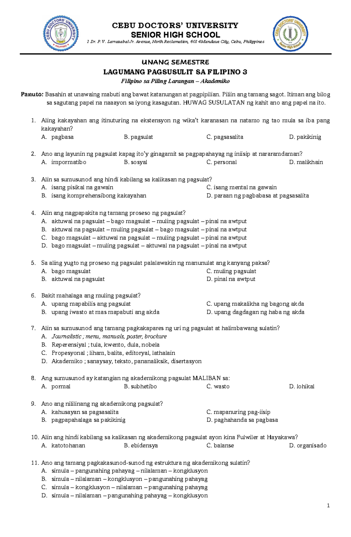FIL-3 Midterm Reviewer: Unang Semestre sa Filipino 3 - Studocu