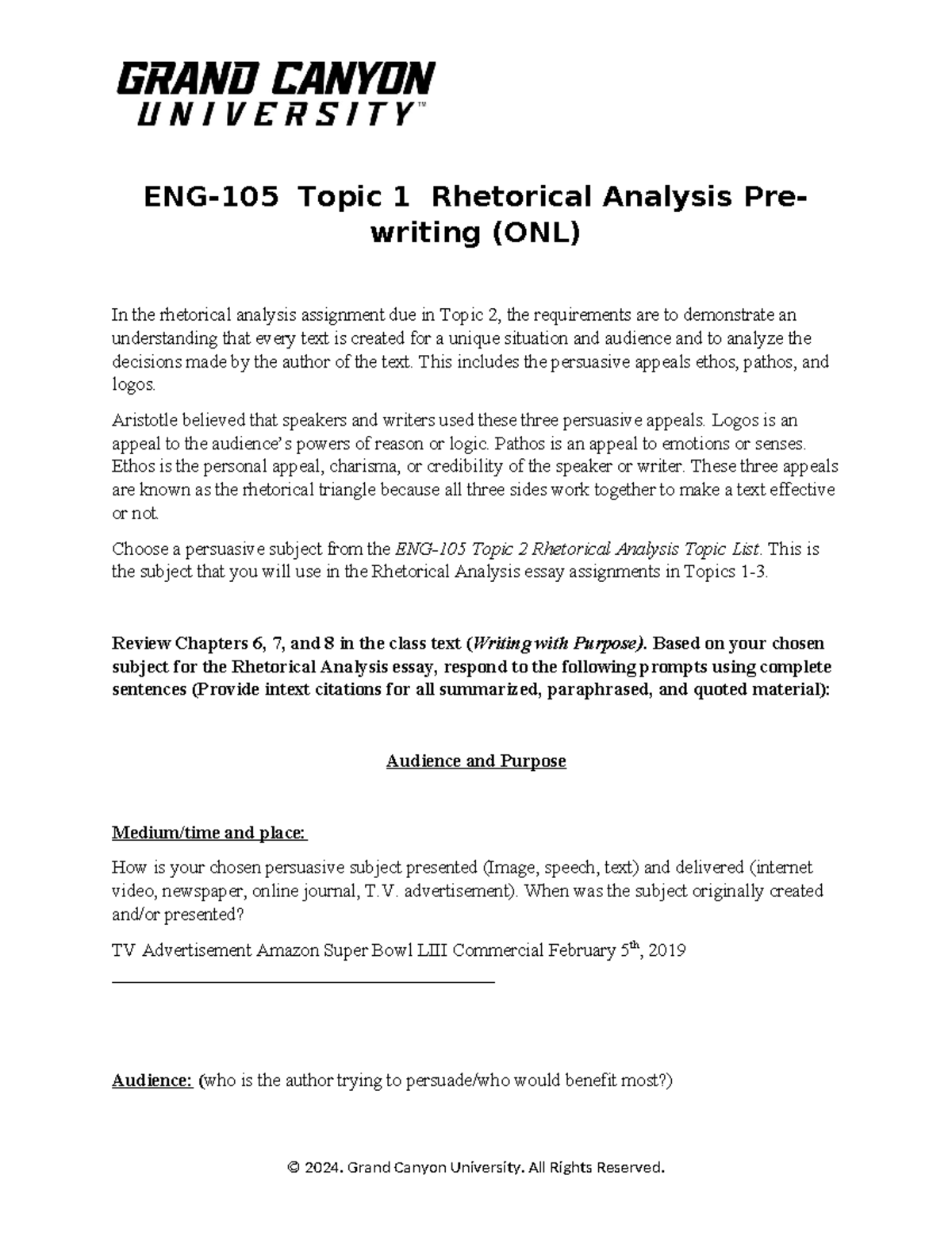 ENG-105ONL T1 Rhetorical Analysis Pre-Writing Exercise Guide - Studocu