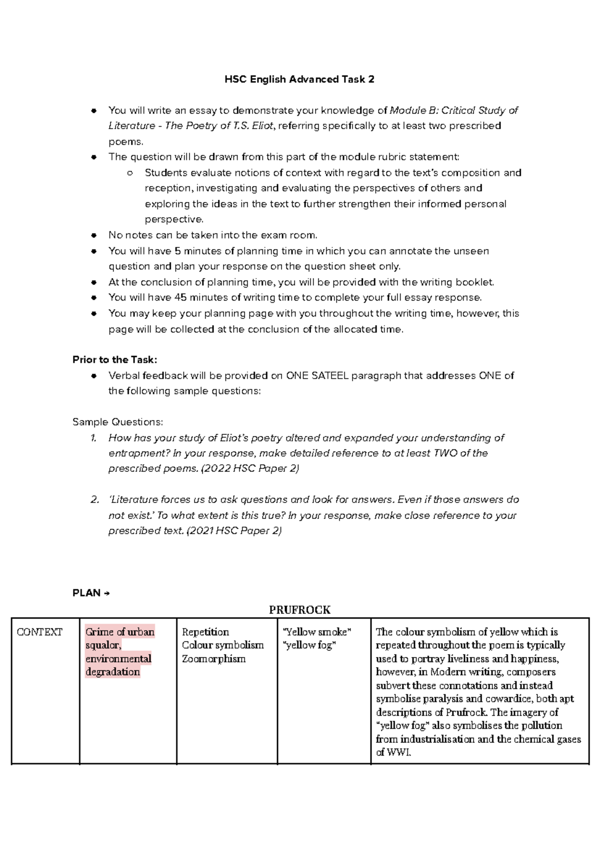 Advanced English HSC MOD B: Final Exam Notes on T.S. Eliot's Poetry ...