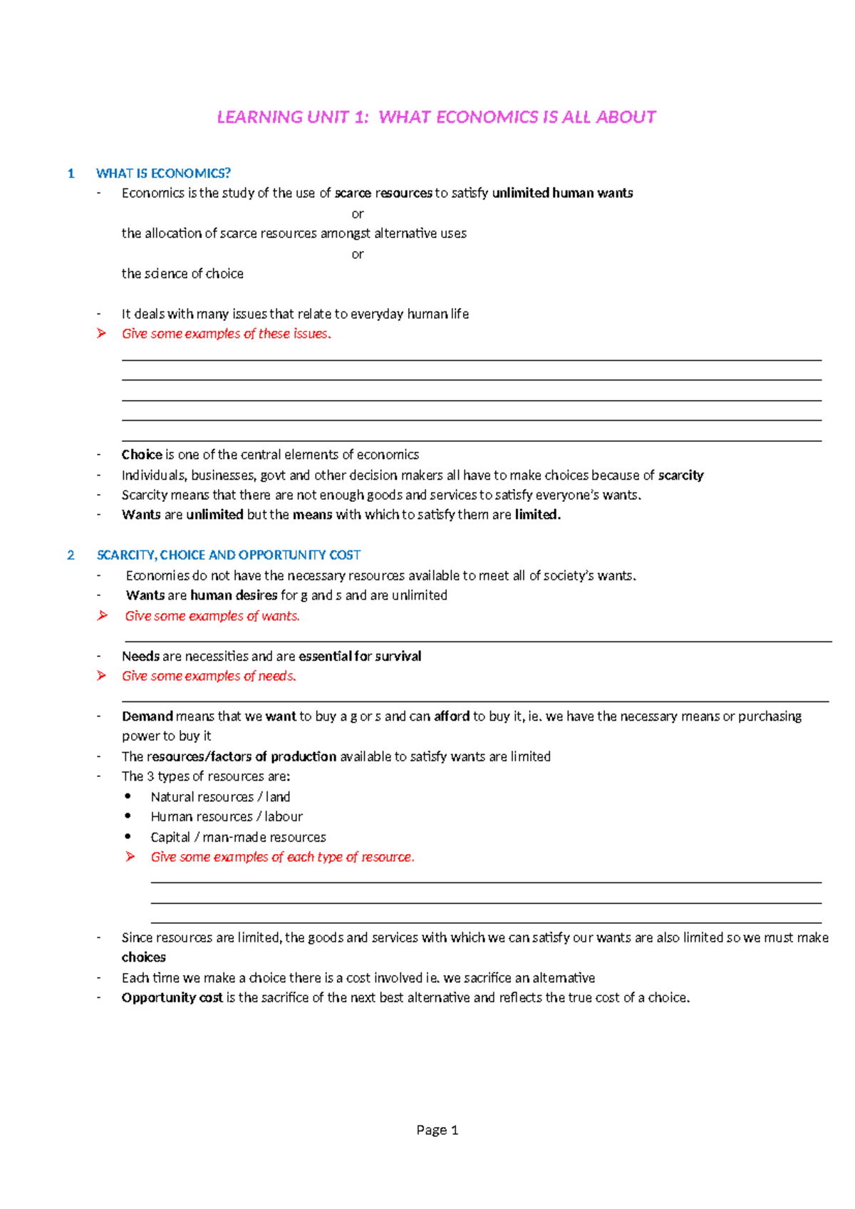 PMIC LU 1 Worksheet - LEARNING UNIT 1: WHAT ECONOMICS IS ALL ABOUT 1 ...