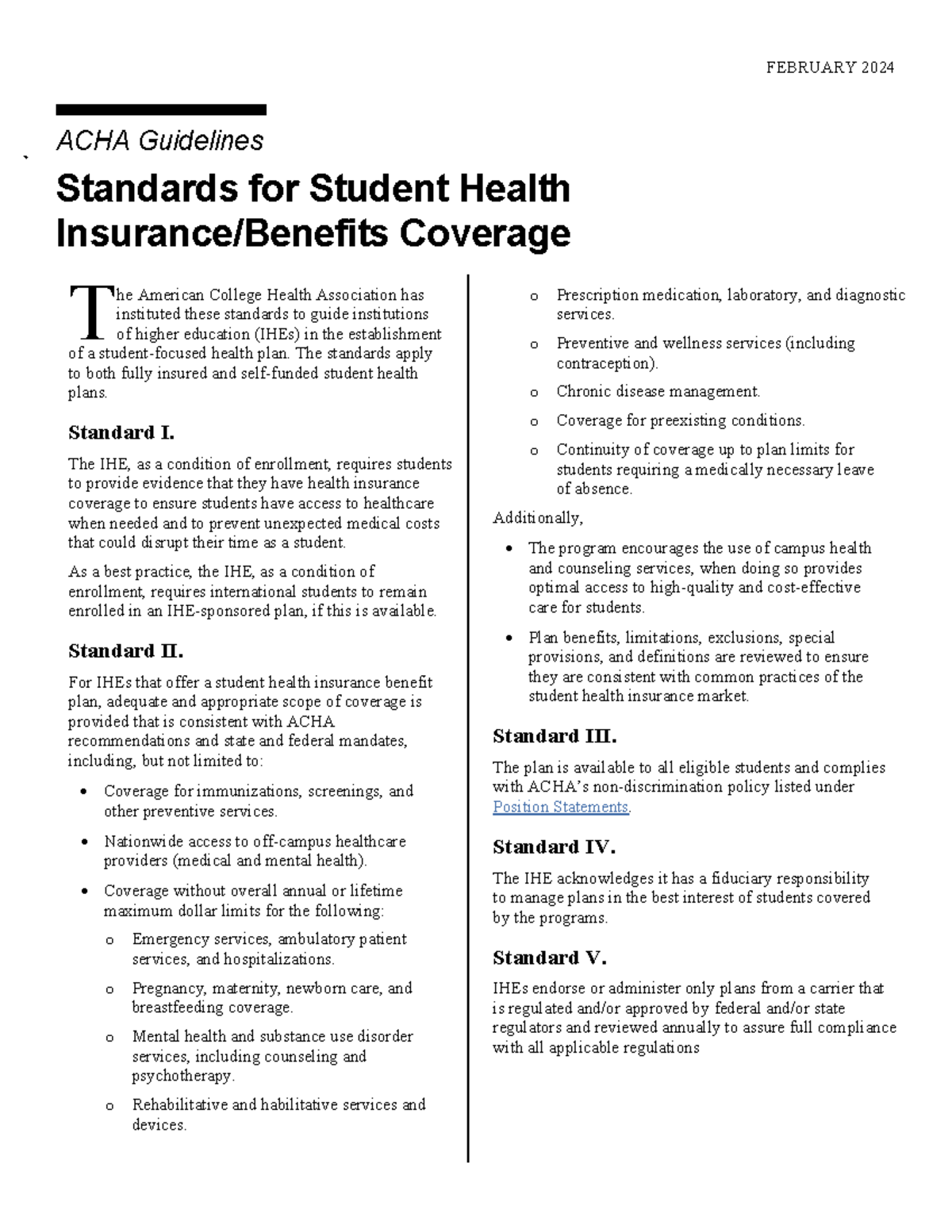ACHA Standards for Student Health Coverage - Feb 2024 - Studocu