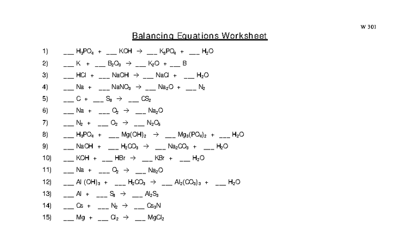 W 301 Balancing Equations Worksheet Solutions and Stoichiometry ...