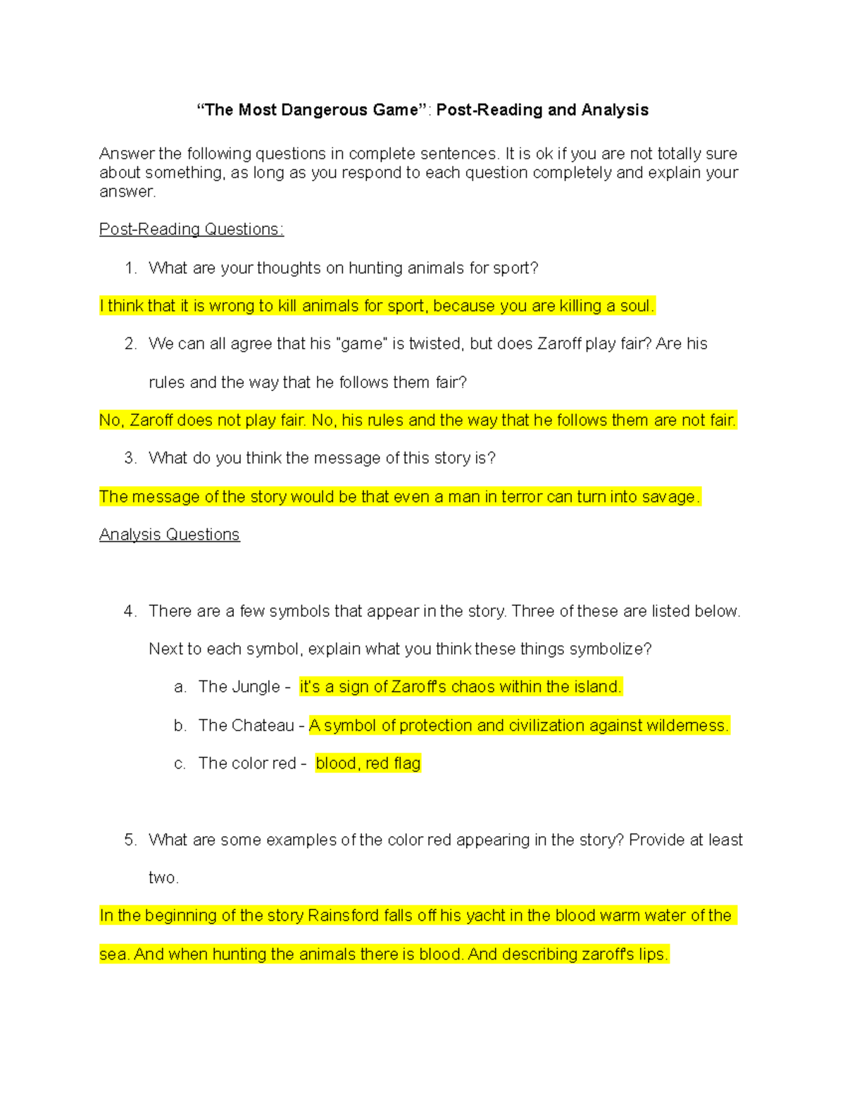 The Most Dangerous Game: Post-Reading Q&A Analysis - Studocu