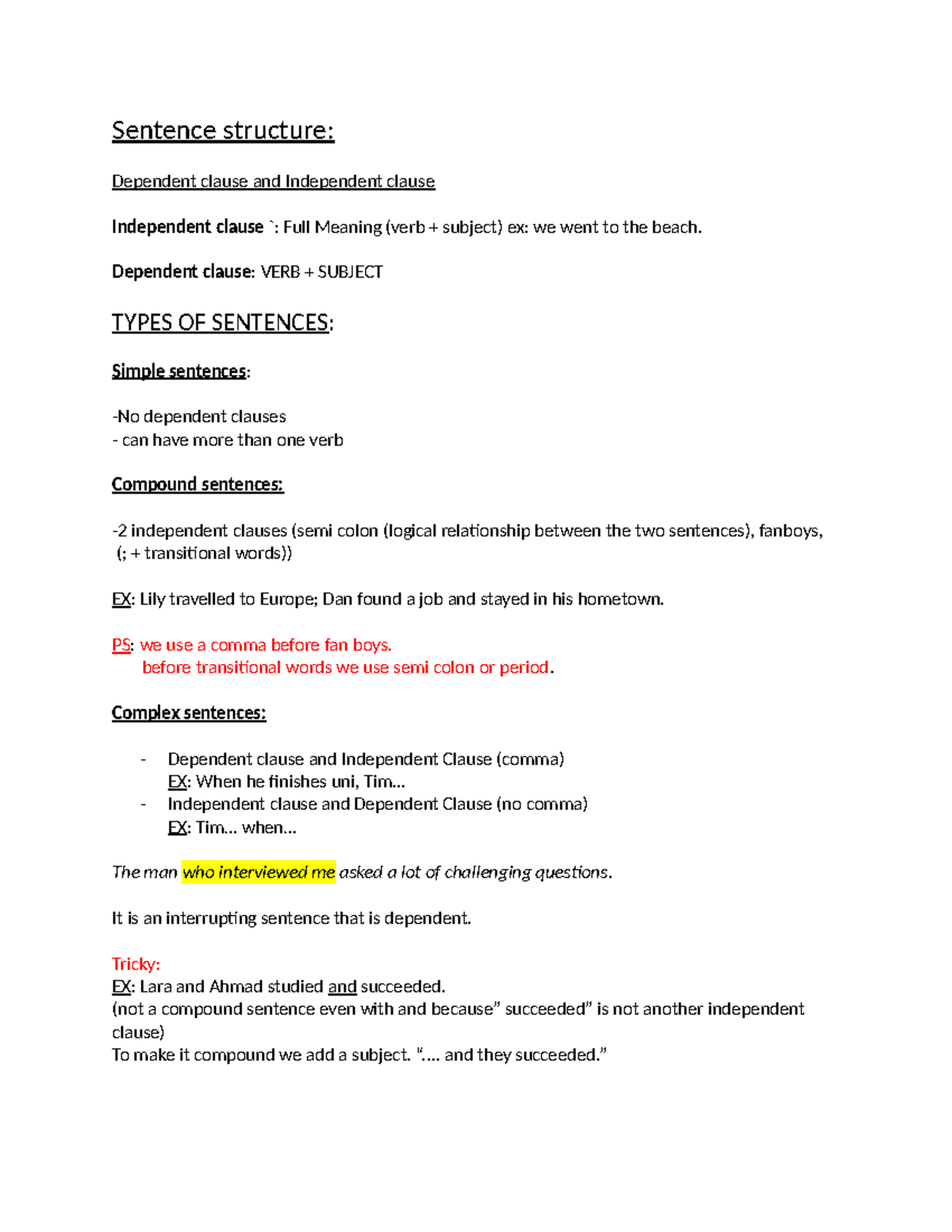 Sentence Structure - Sentence structure: Dependent clause and ...
