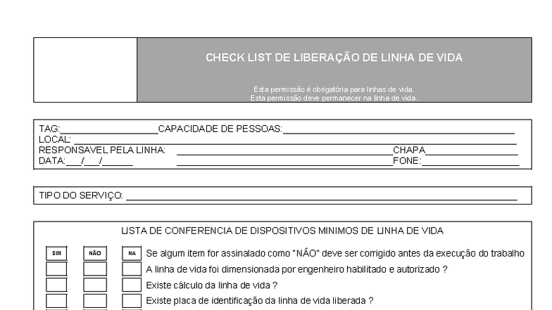 CHECK LIST DE LIBERAÇÃO DE LINHA DE VIDA - TST - Studocu