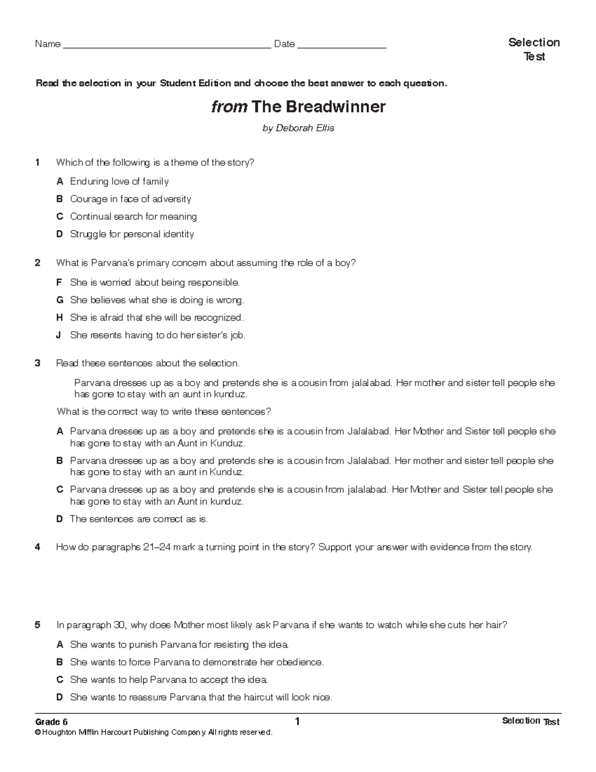Breadwinner Selection Test (Grade 6) - Answer Key & Questions - Studocu