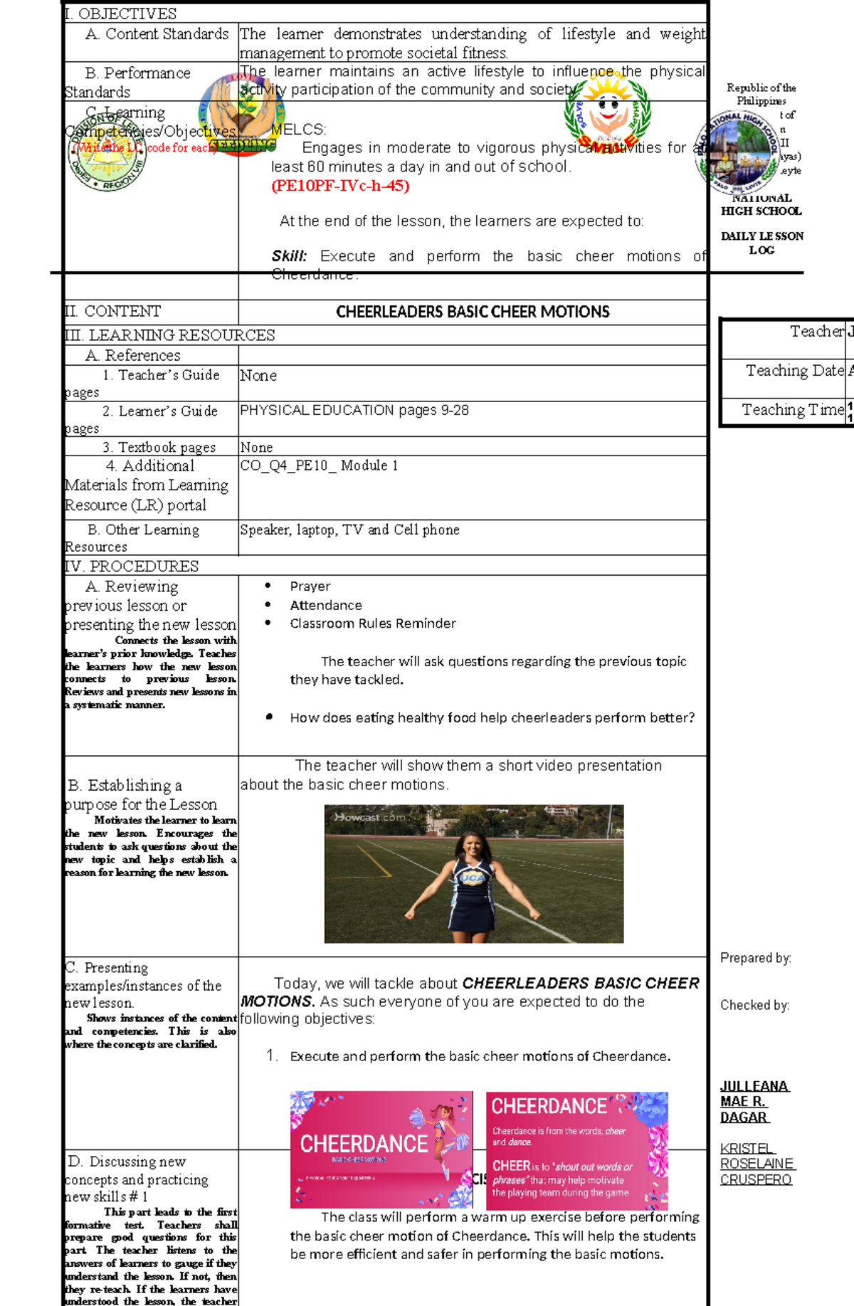 Final DEMO Cheerdance: Basic Cheer Motions Lesson Plan - Studocu