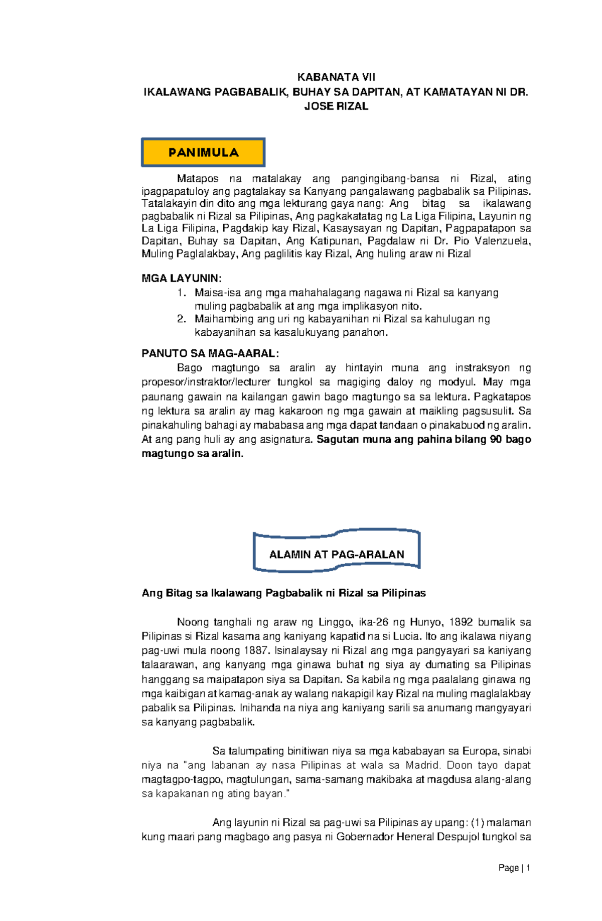 Final-Term Notes on SS 5 Module: Life and Death of Jose Rizal - Studocu