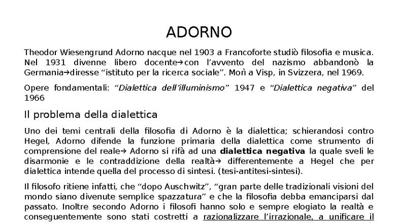 AD 101: Filosofia e Dialettica di Theodor Adorno - Studocu