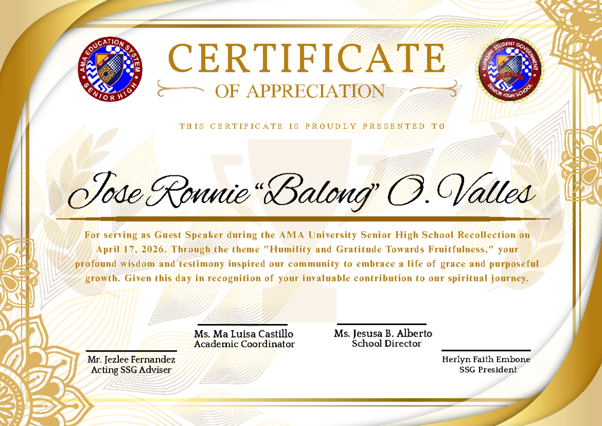 Certificate of Appreciation for Guest Speaker Jose Ronnie O. Valles ...