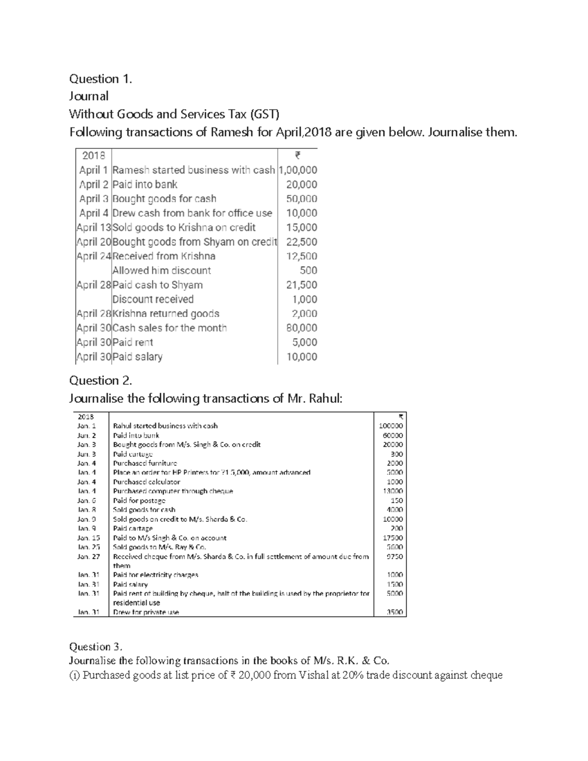 Journal Entry Questions for Accounting Transactions (GST) - Studocu