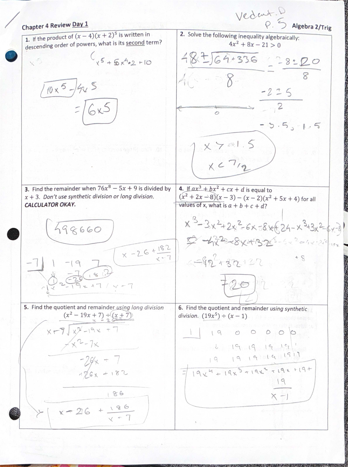 Vedant.D Algebra 1 Chapter 4 Review Day 1: Key Concepts and Solutions ...