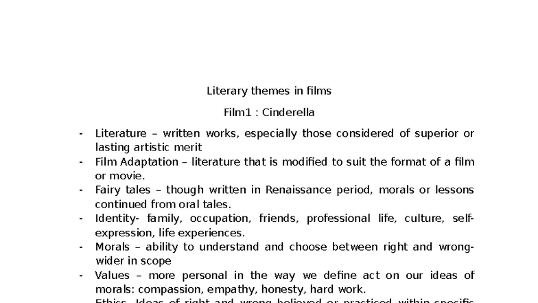 Literary Themes in Films: Analyzing Cinderella & Adaptations - Studocu