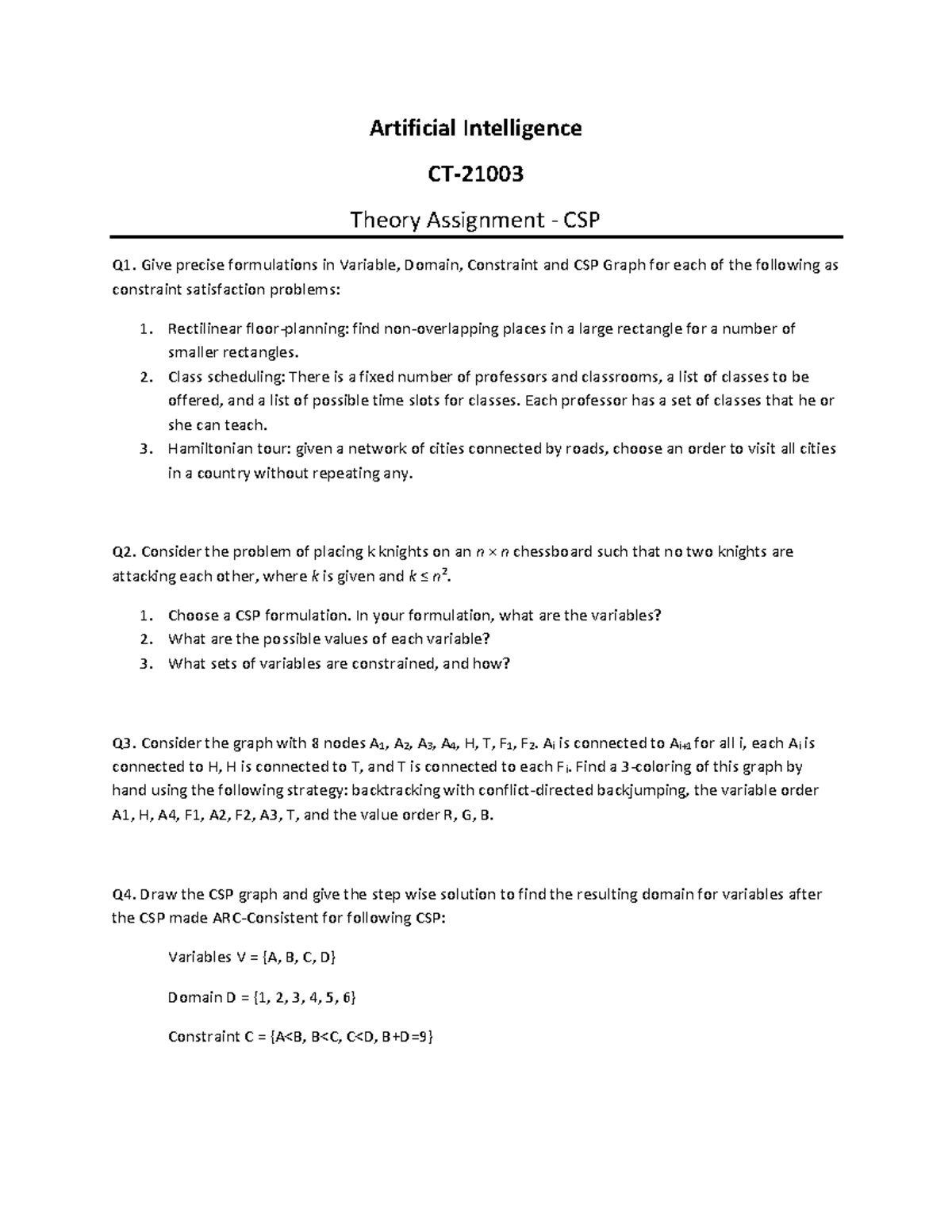 CSP Theory Assignment 5: Formulations & Solutions in AI - Studocu