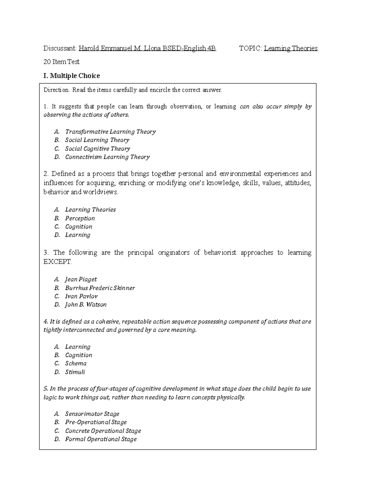 20-Item Test on Learning Theories - BSEd-English 4B Discussant Notes ...