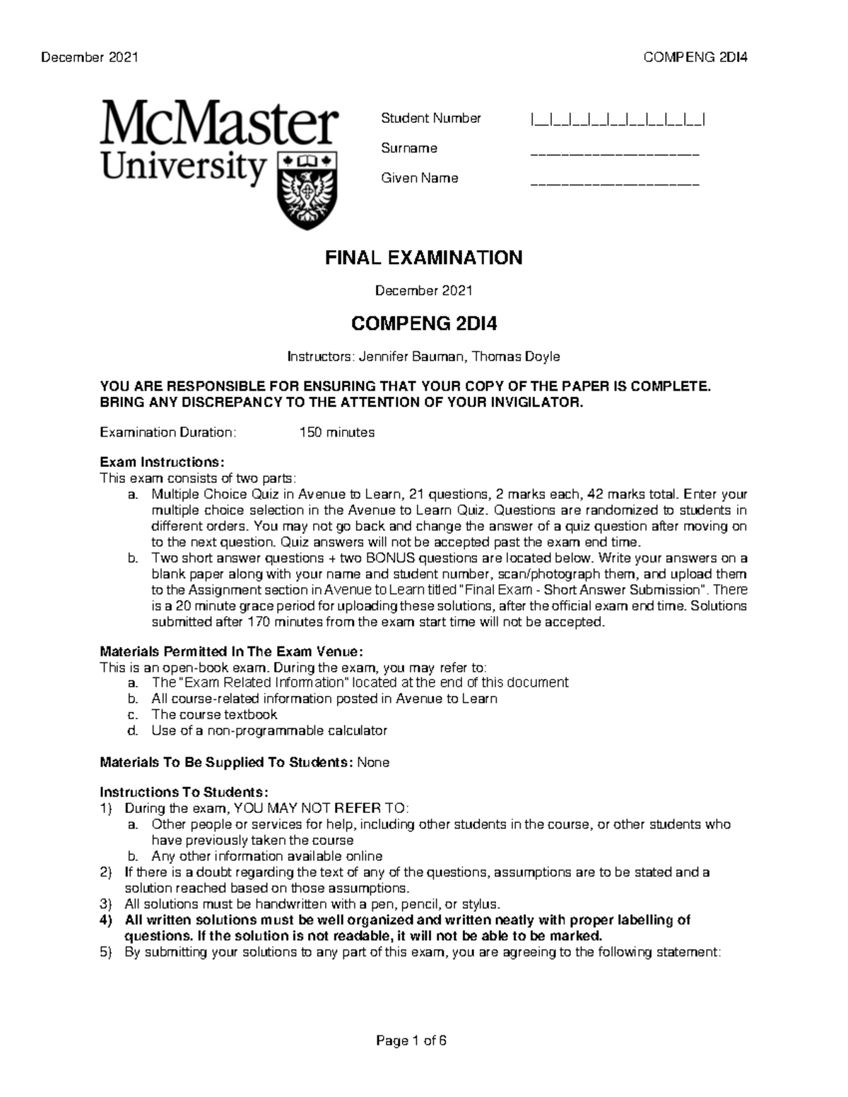 2DI4 Final Exam 2021 - Short Answer Questions Guide - Studocu