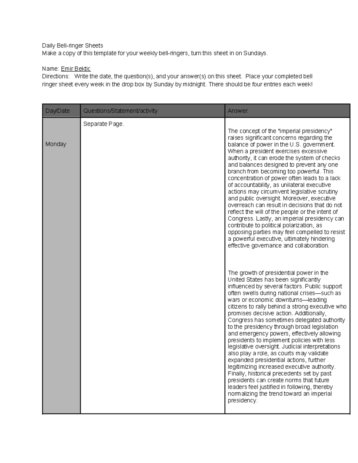 Bellringer Week of Sept 30th - Daily Bell-ringer Sheets Make a copy of ...