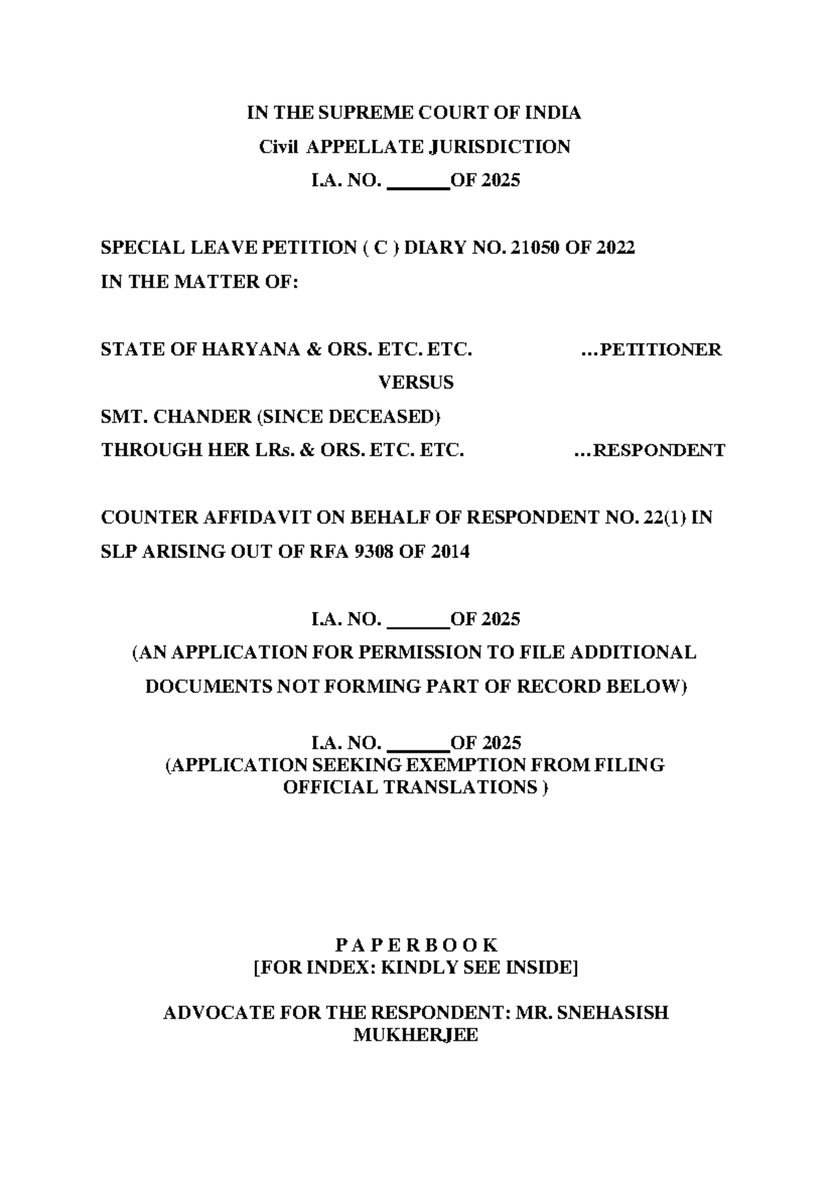 Counter Affidavit in SLP No. 21050/2022 - State of Haryana vs. Smt ...