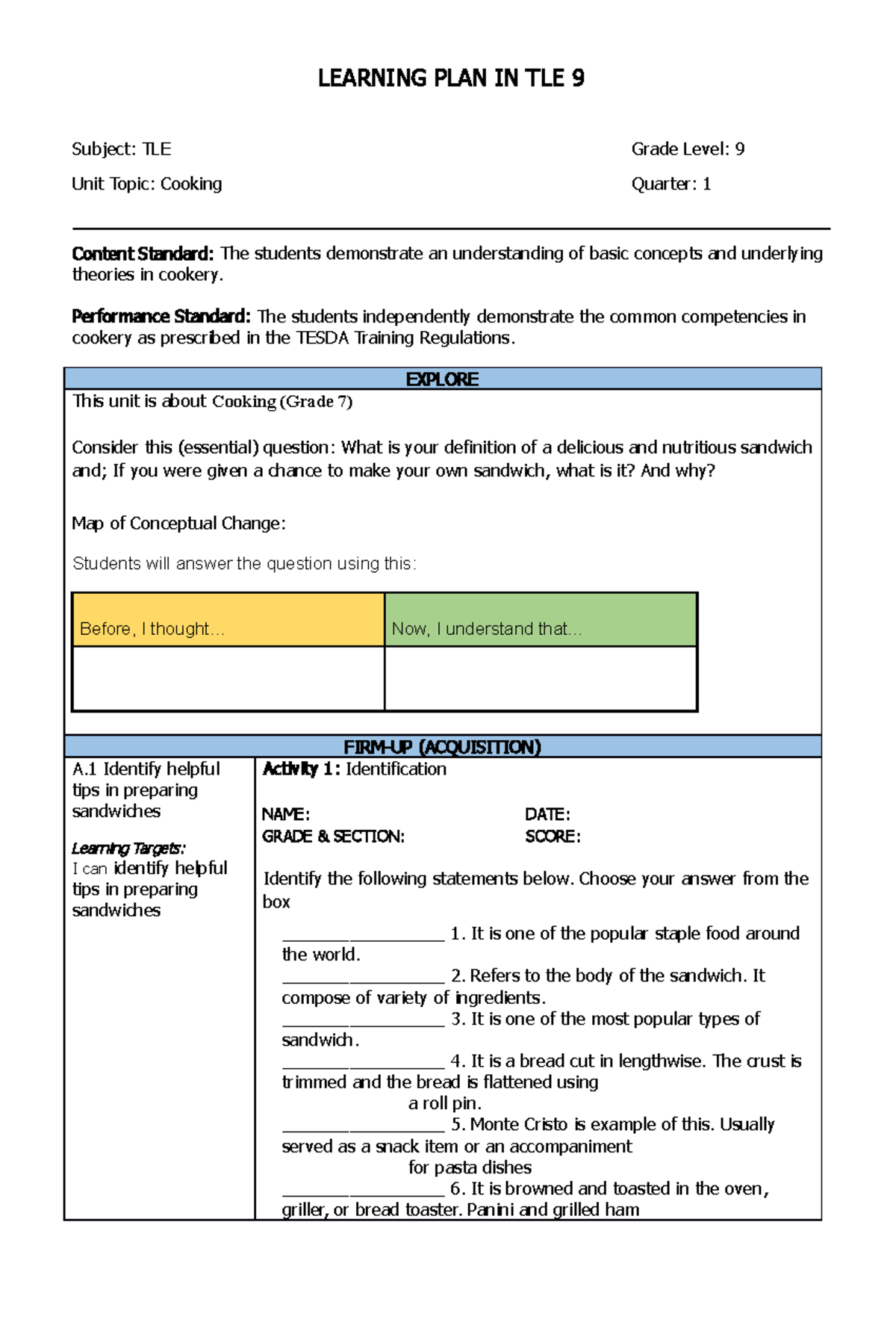 Learning Plan for TLE 9: Basics of Cookery and Sandwich Preparation ...