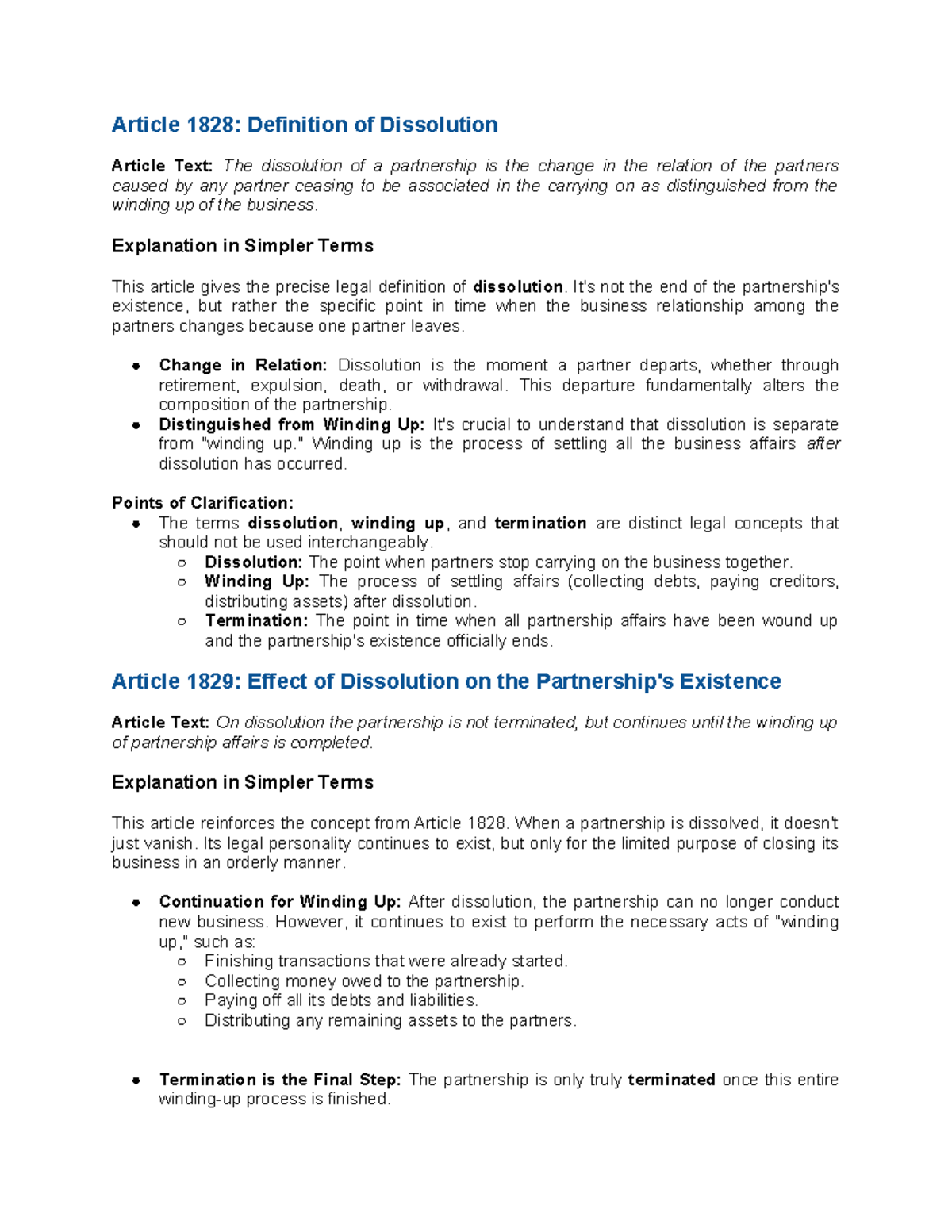 Chapter 3: Articles 1828-1842 on Partnership Dissolution - Studocu