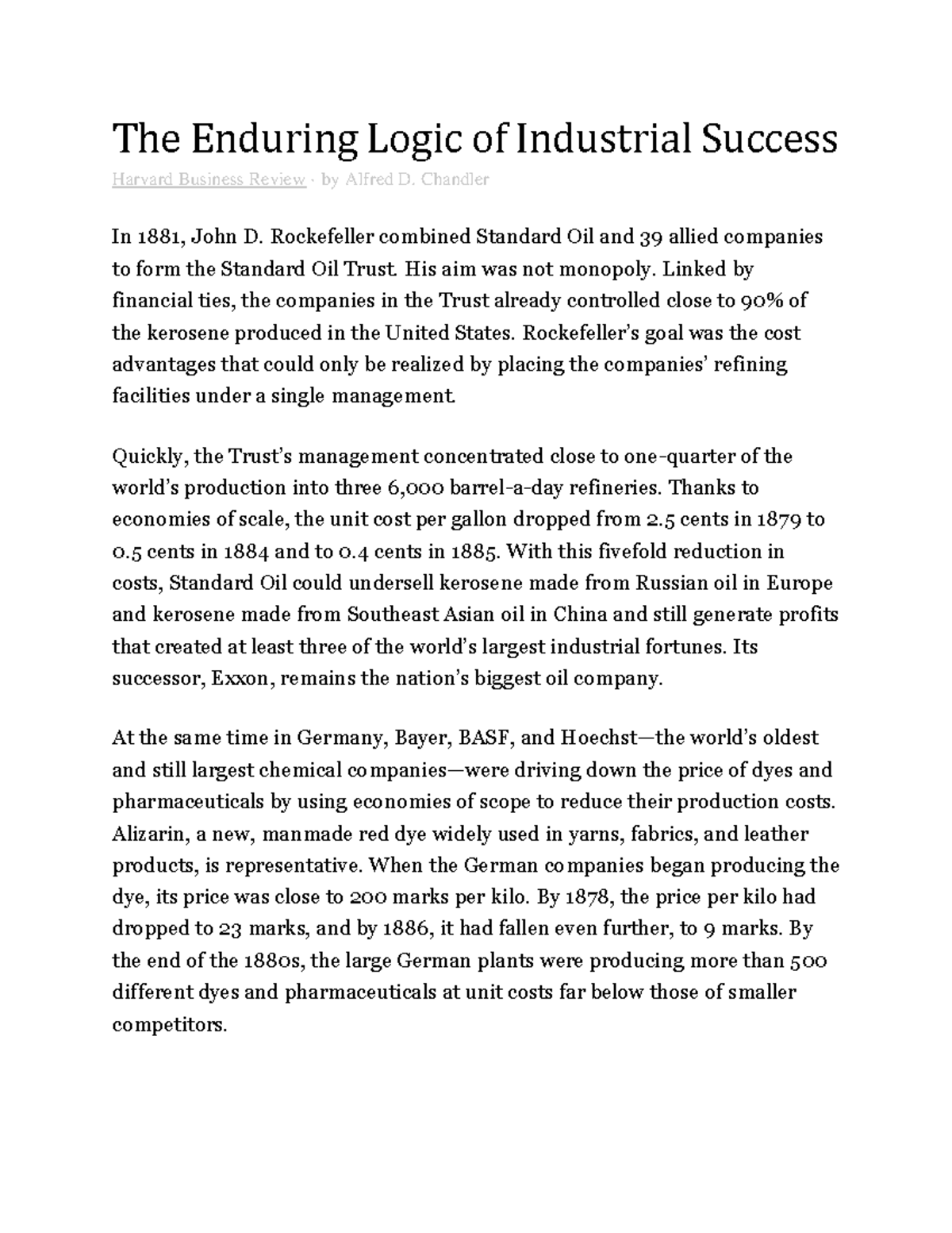The Enduring Logic of Industrial Success - Chandler In 1881, John D ...