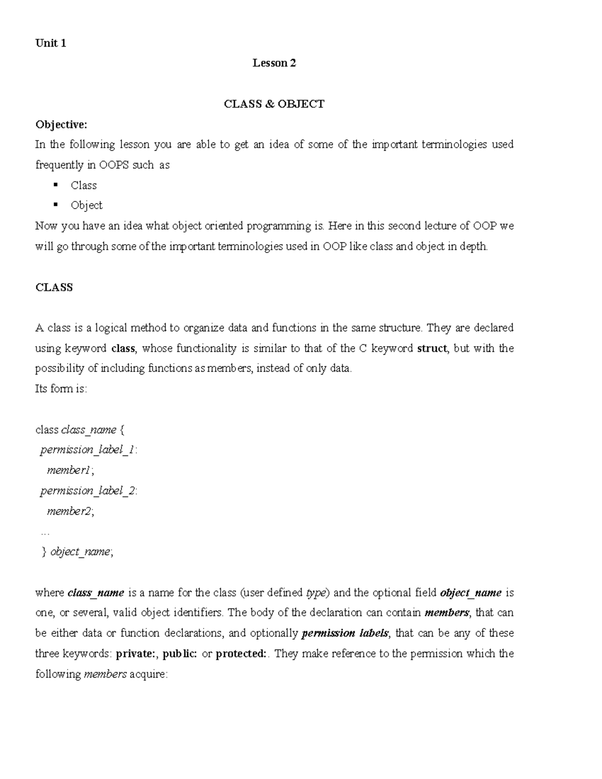 OOP 101: Unit 1 Lesson 2 - Understanding Classes and Objects - Studocu