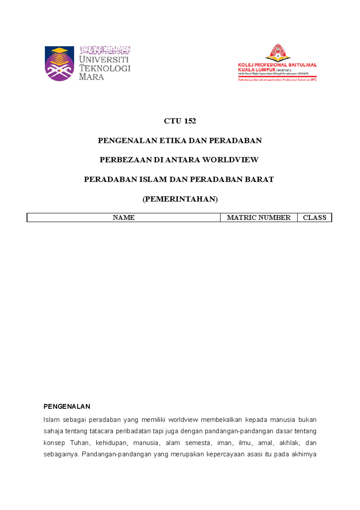 CTU 152 Kertas Kerja - CTU 152 PENGENALAN ETIKA DAN PERADABAN PERBEZAAN ...