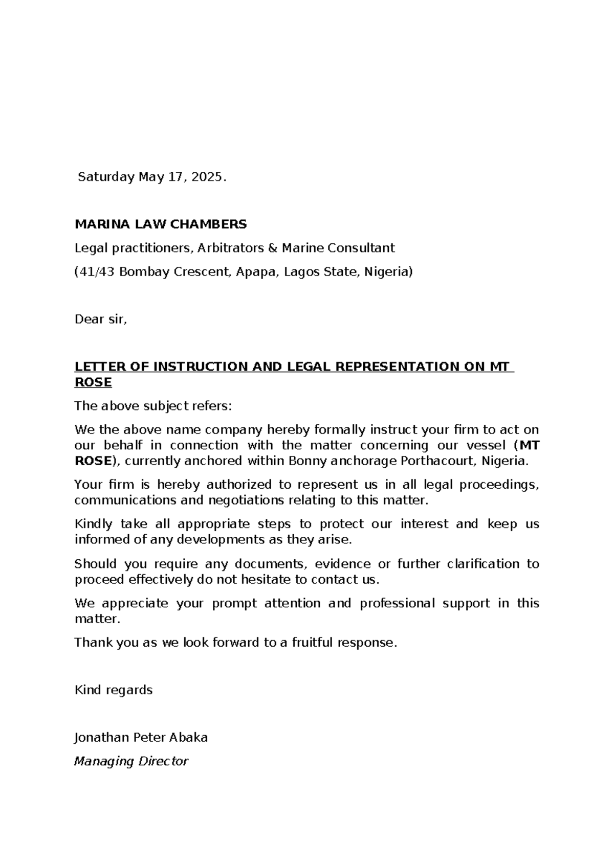 Letter of Instruction for Legal Representation on MT ROSE - Studocu