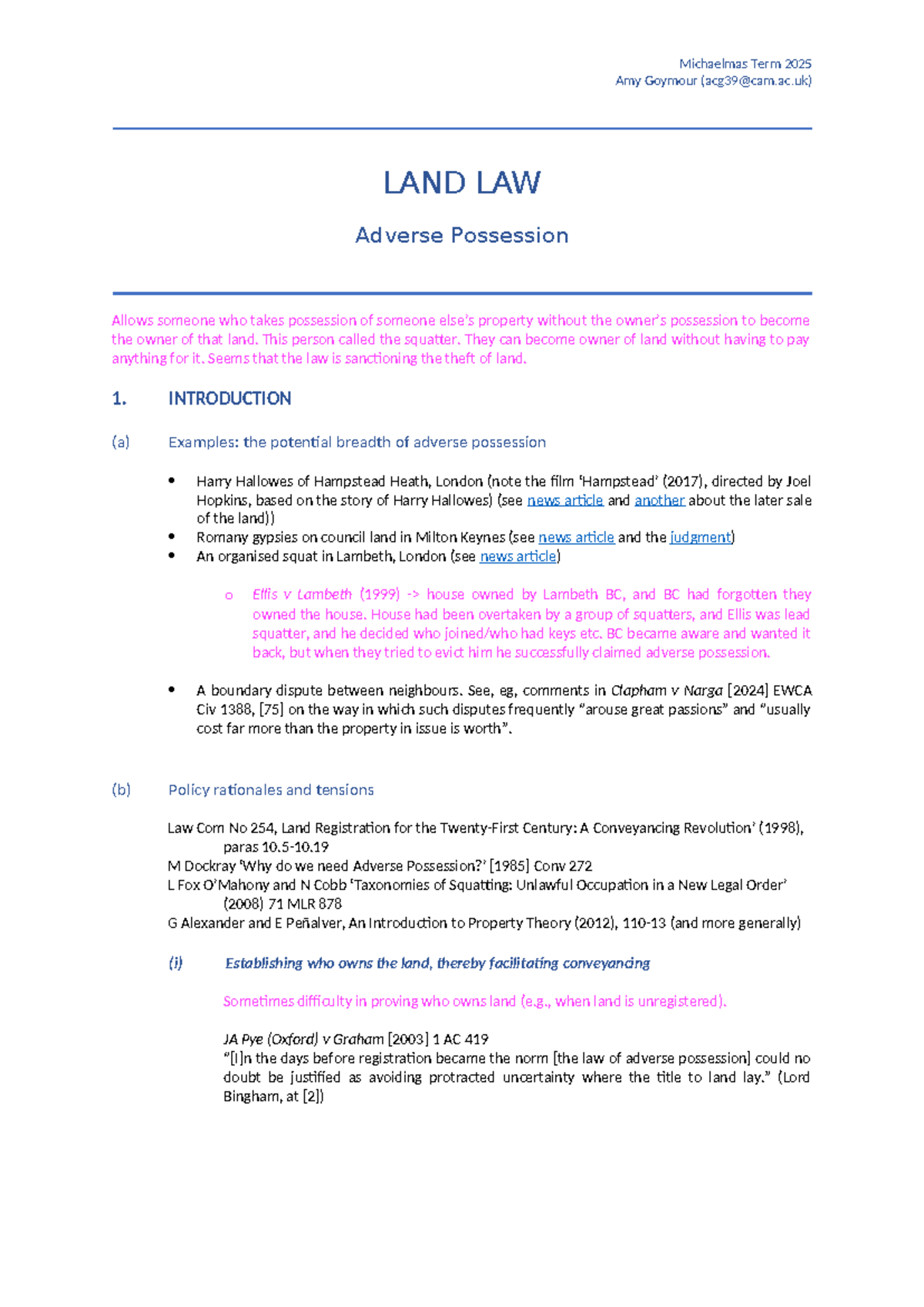 Adverse Possession in Land Law (LAND LAW 2025) - Lecture Notes - Studocu
