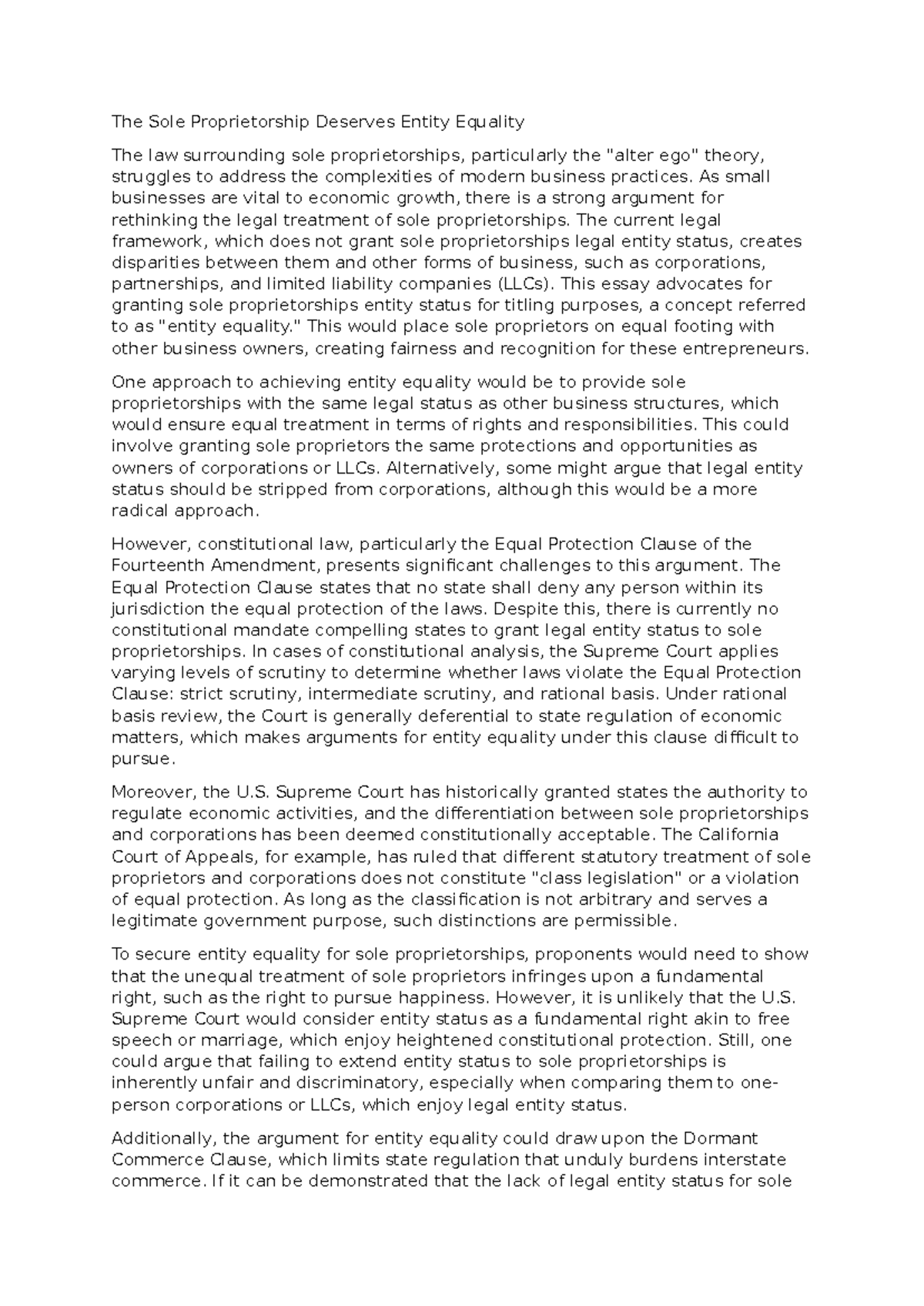 Sole Proprietorships & Entity Equality: A Legal Perspective Essay - Studocu