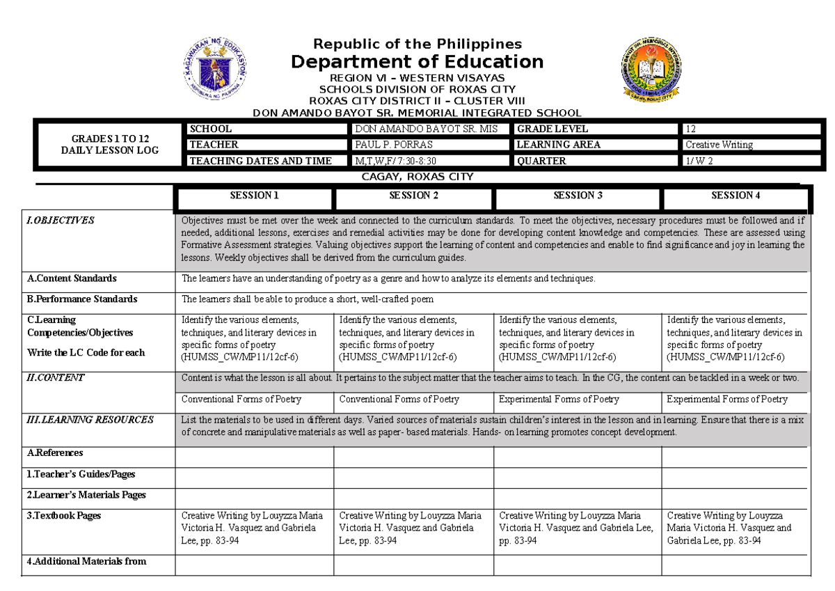 A-CW W2-3: Daily Lesson Log for Creative Writing Grade 12 - Studocu