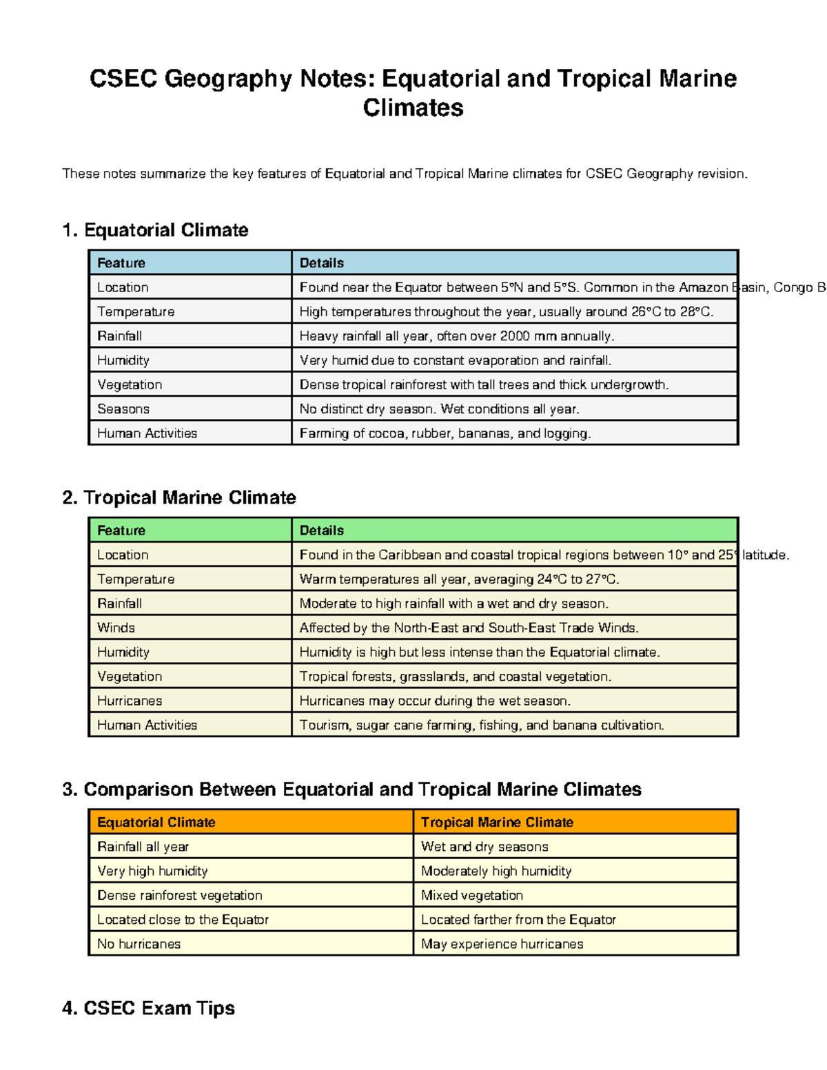 CSEC Geography Notes: Equatorial vs Tropical Marine Climates - Studocu