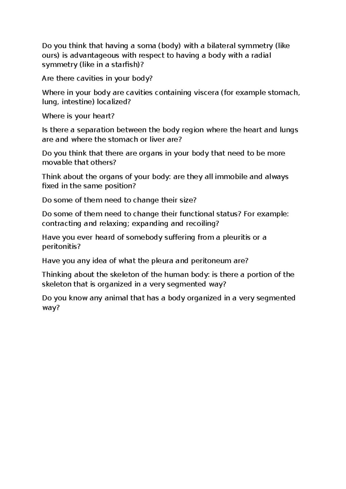Priming Questions for Week 4: Body Symmetry & Organ Function - Studocu