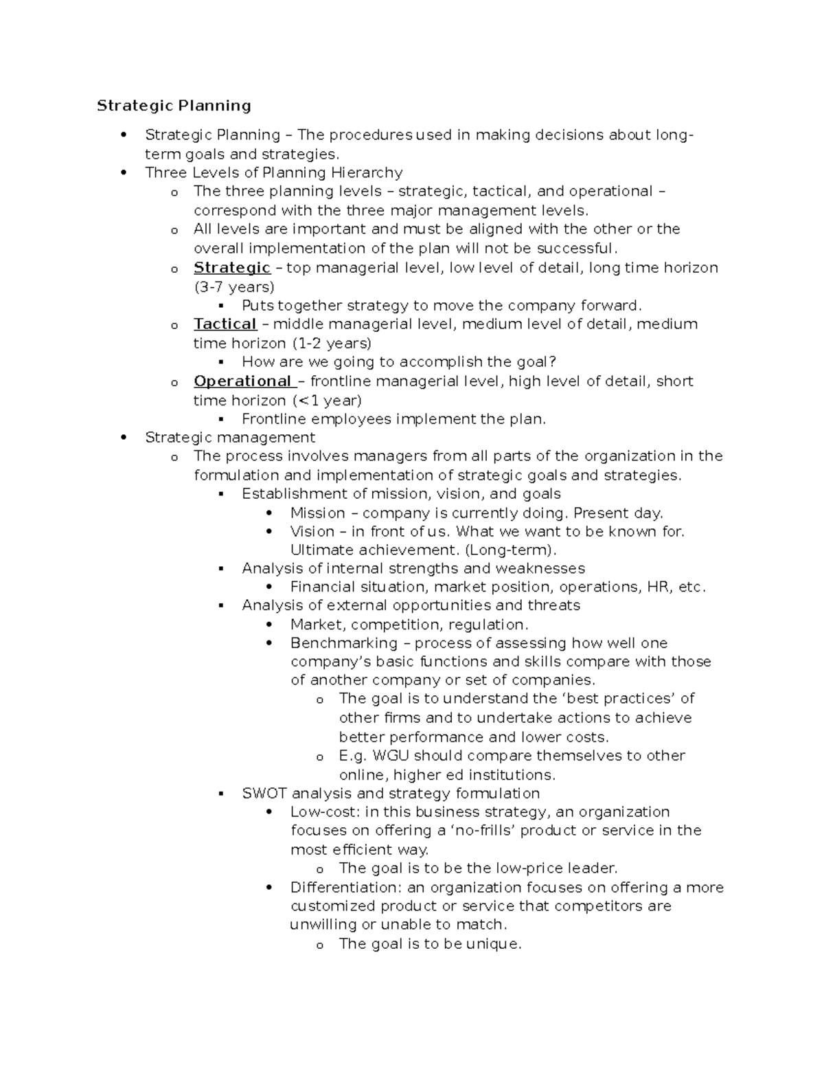C483 - Strategic Planning Lecture Notes and Key Concepts - Studocu