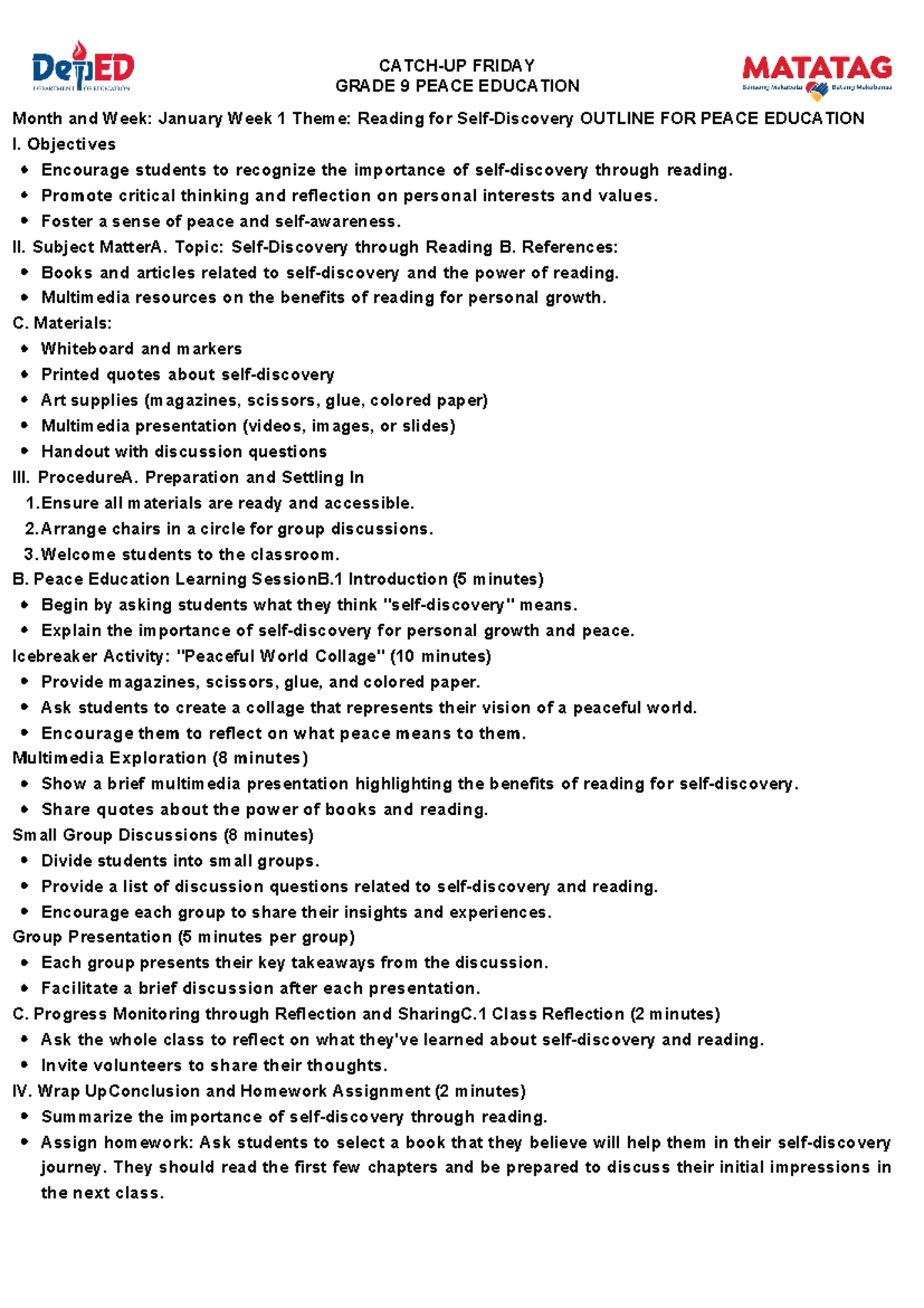 GRADE 9 PEACE EDUCATION: Learning Plan for Self-Discovery, Critical ...
