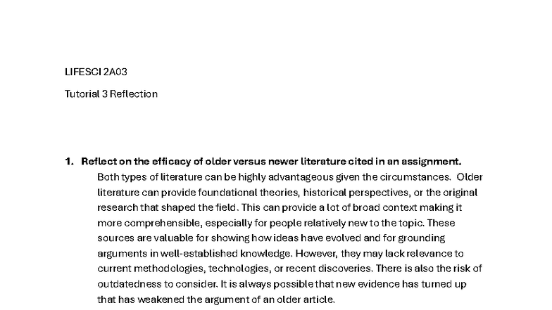 LIFESCI 2A03 Tutorial 3 Reflection on Literature Efficacy - Studocu