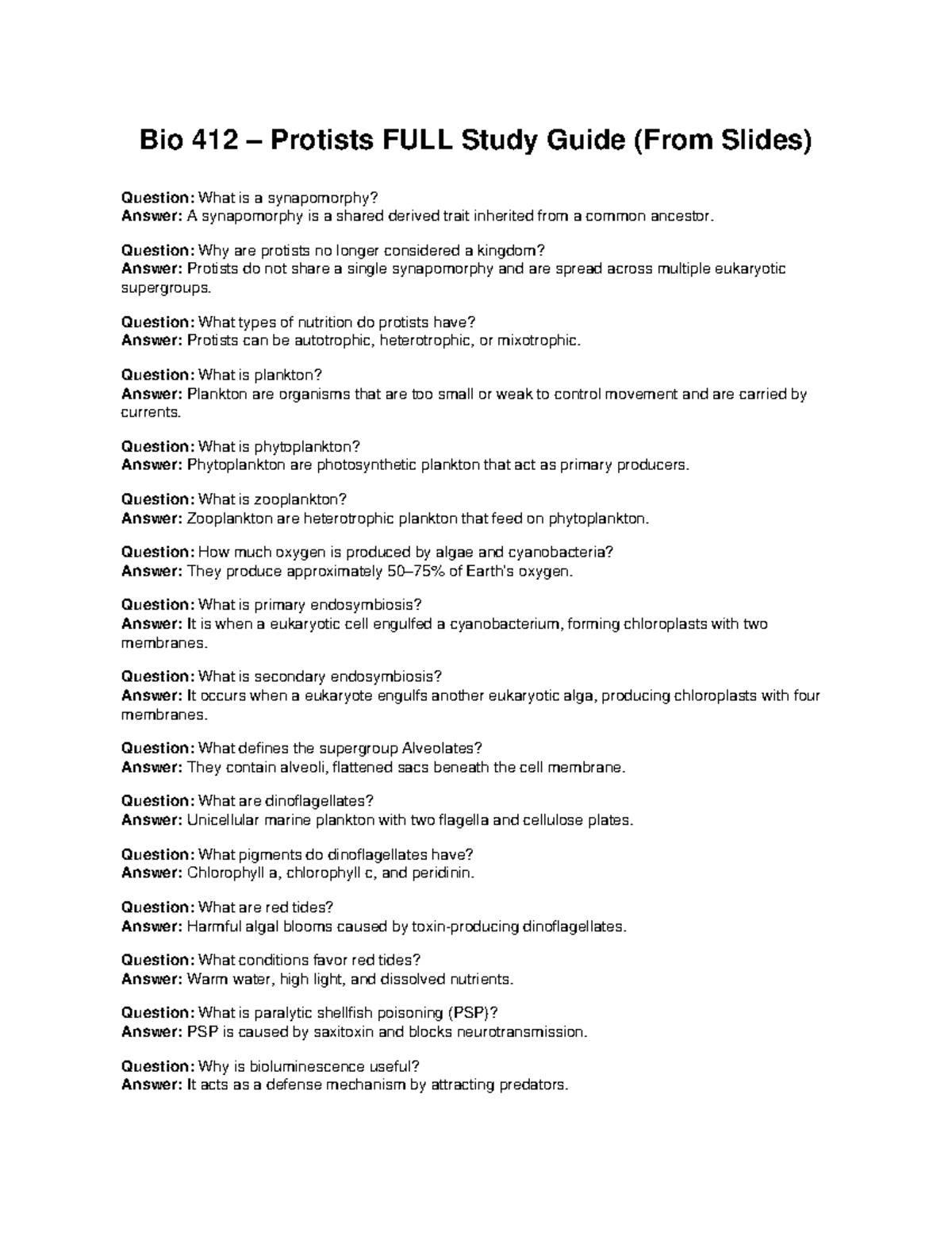Bio 412 Protists Comprehensive Study Guide from Lecture Slides - Studocu