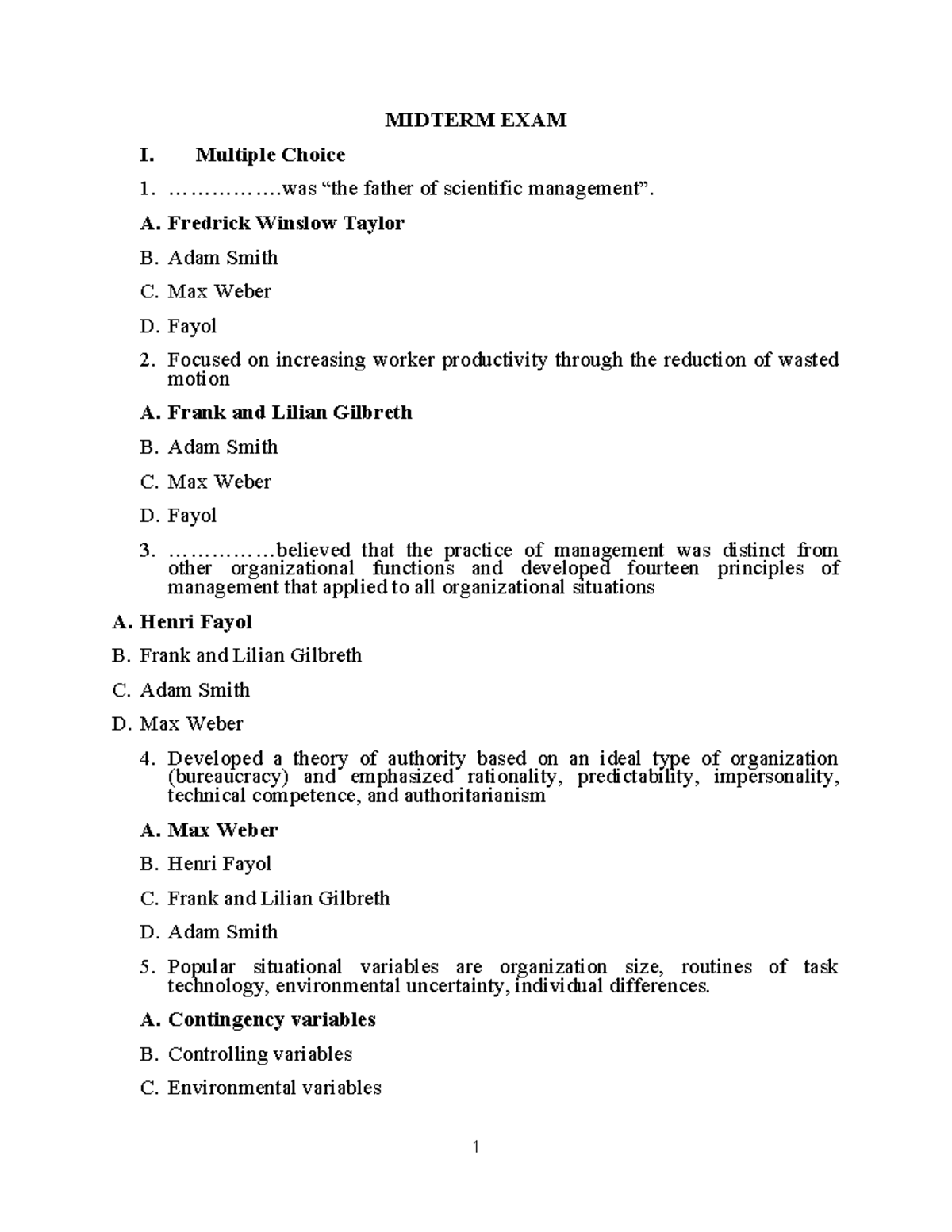 1 Midterm Exam - just use for ref - MIDTERM EXAM I. Multiple Choice ...