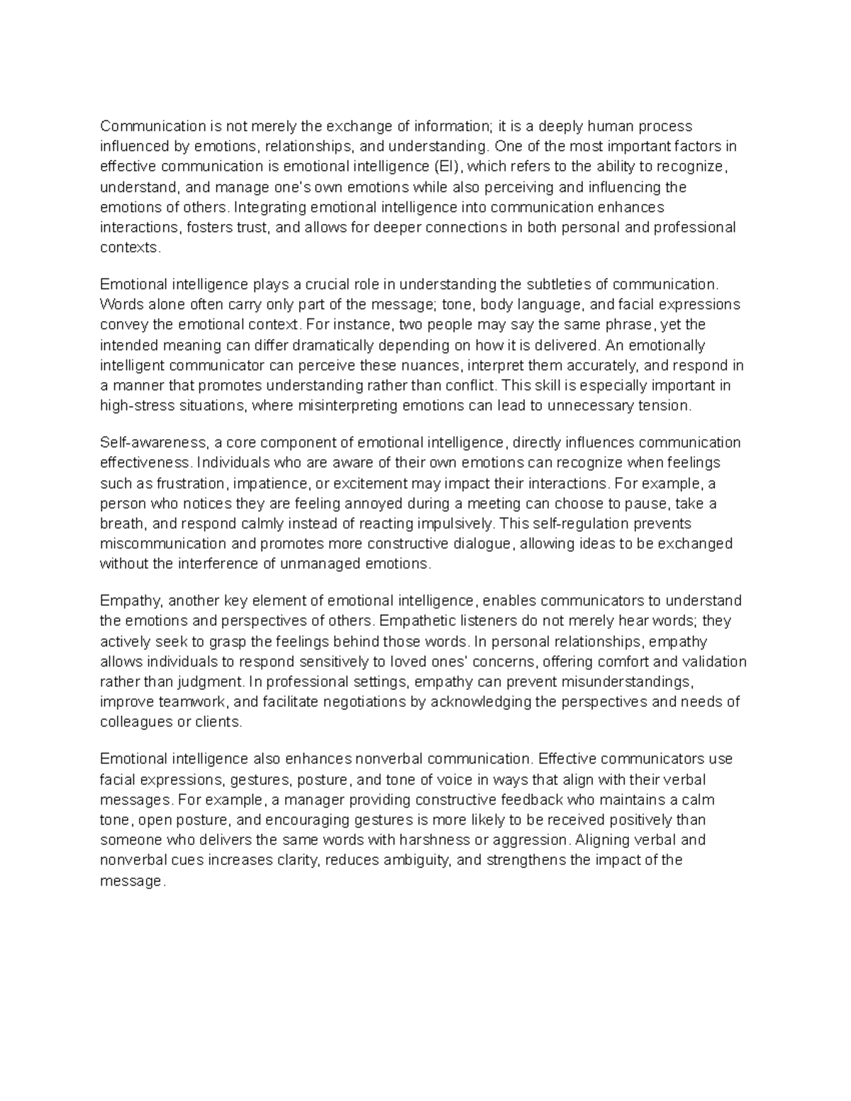 Communication and Emotional Intelligence: Enhancing Connections - Studocu