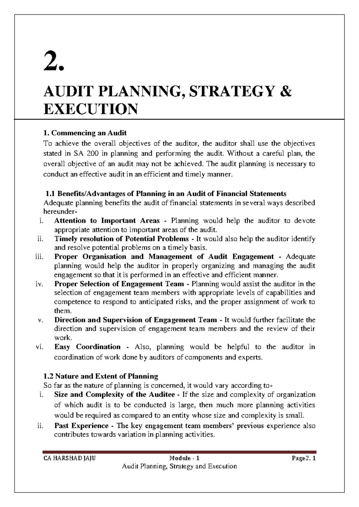 CA Final Audit Chapter 2 - Planning, Strategy & Execution Insights - Studocu