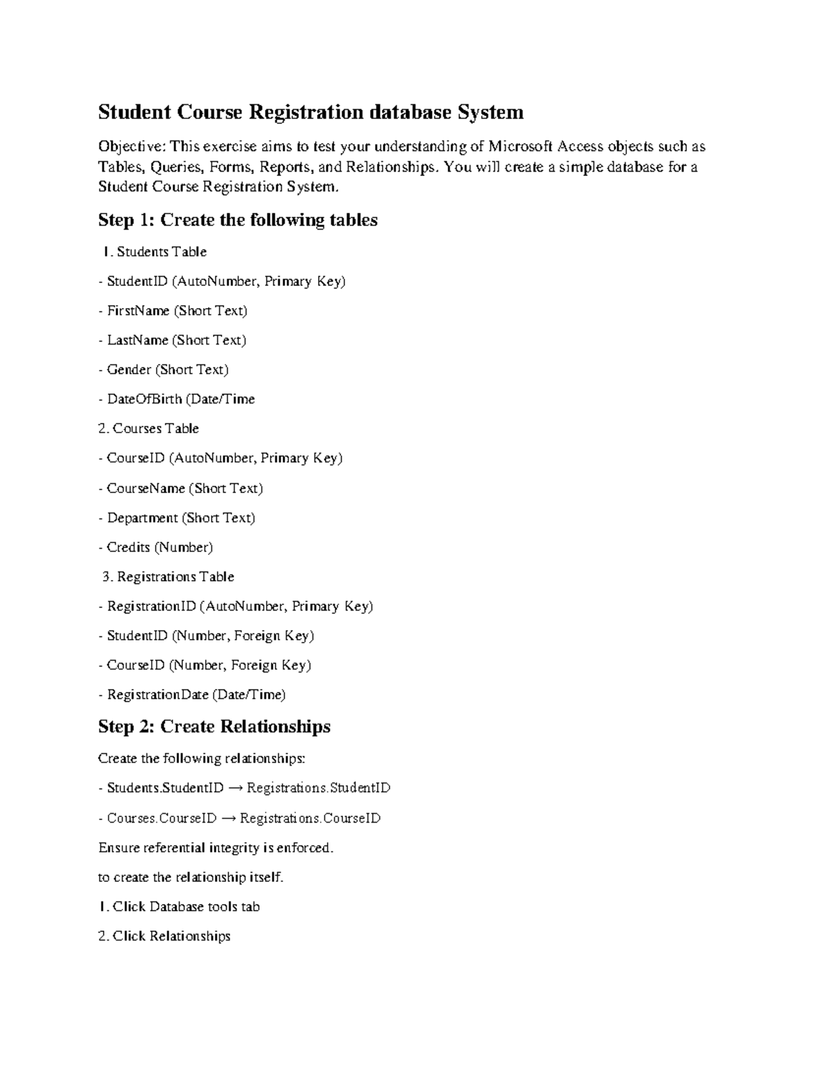 Student Course Registration System: MS Access Database Project - Studocu