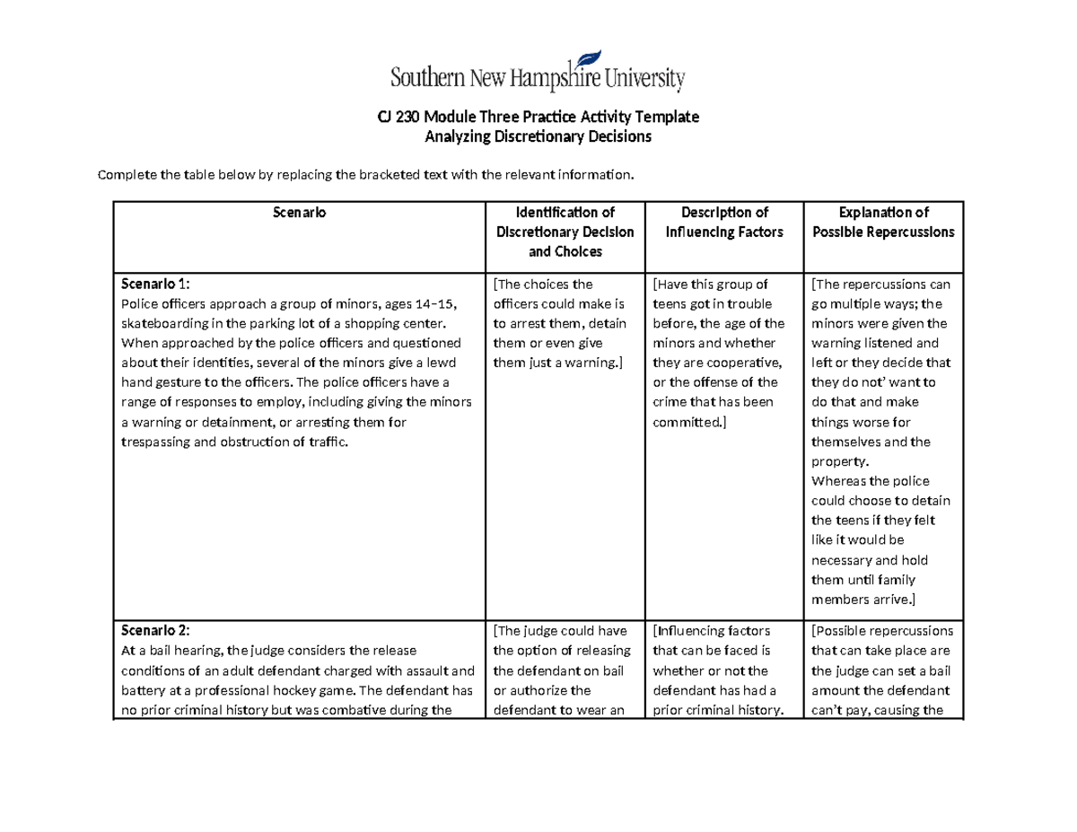 CJ 230 Module 3 Discretionary Decisions Practice Activity Template ...