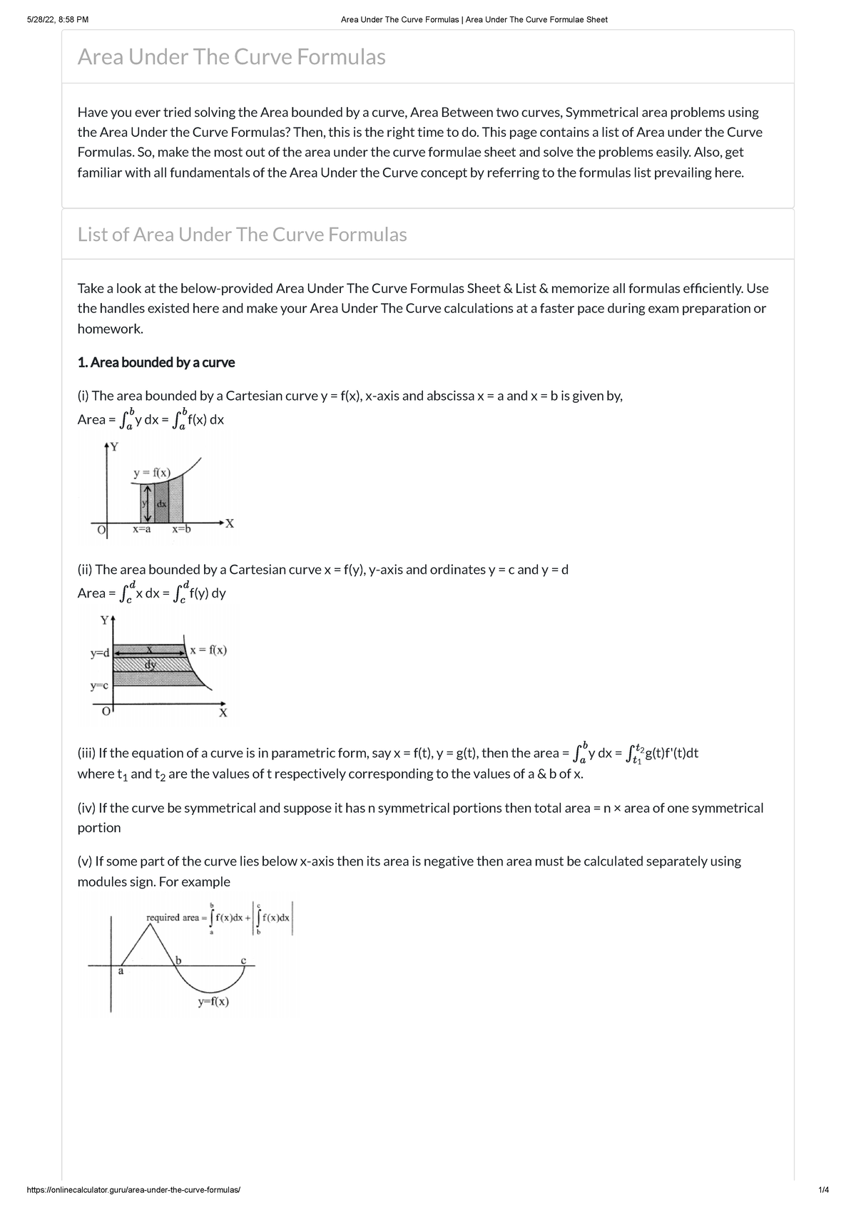 Area Under The Curve Formulas Sheet for Quick Reference - Studocu