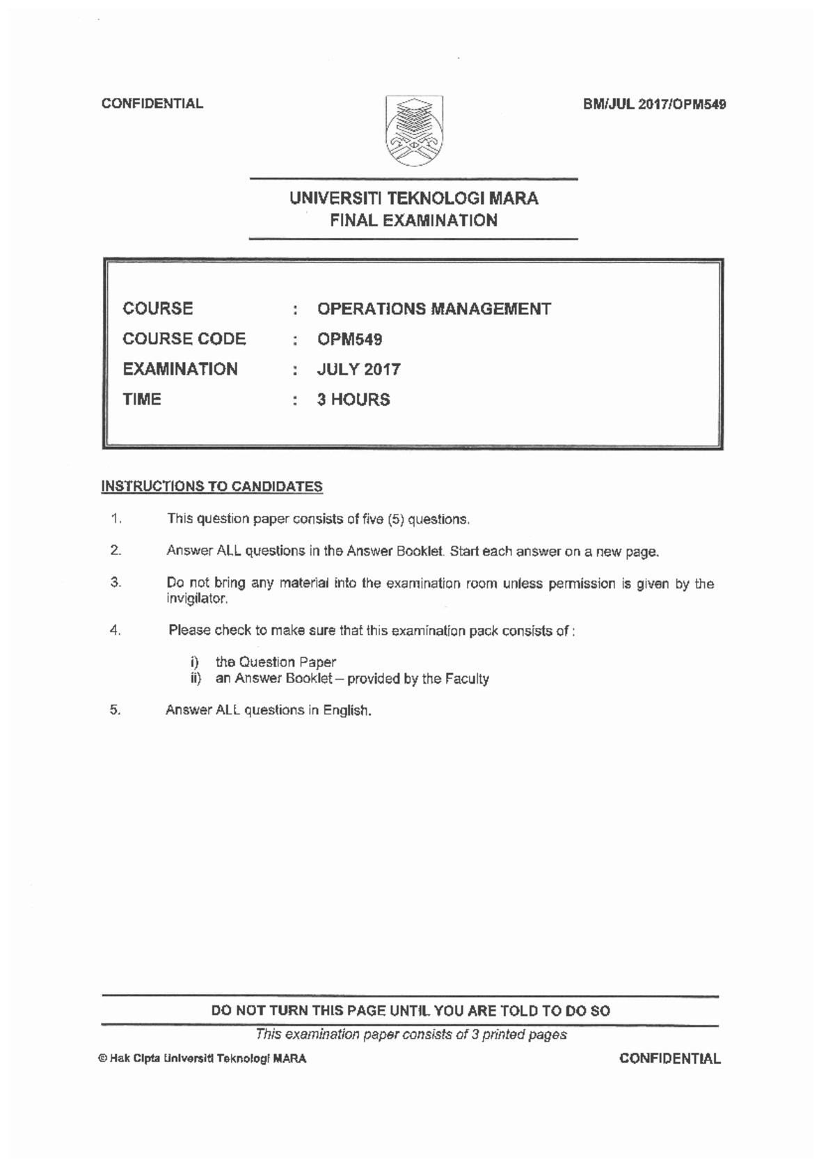 Final Test OPM549 July 2017 - Operation Management - Studocu
