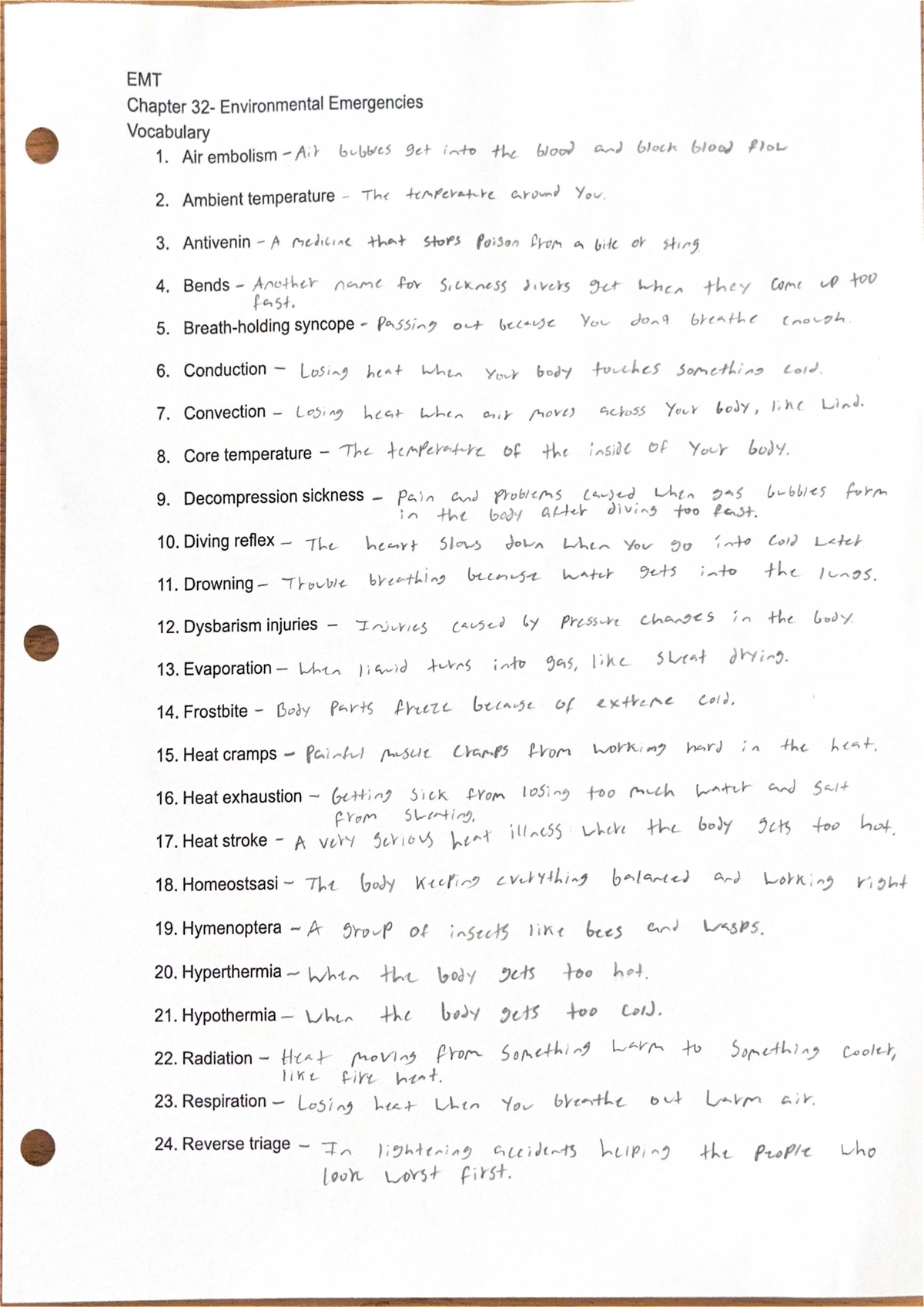 EMT Chapter 32: Environmental Emergencies Vocabulary Guide - Studocu