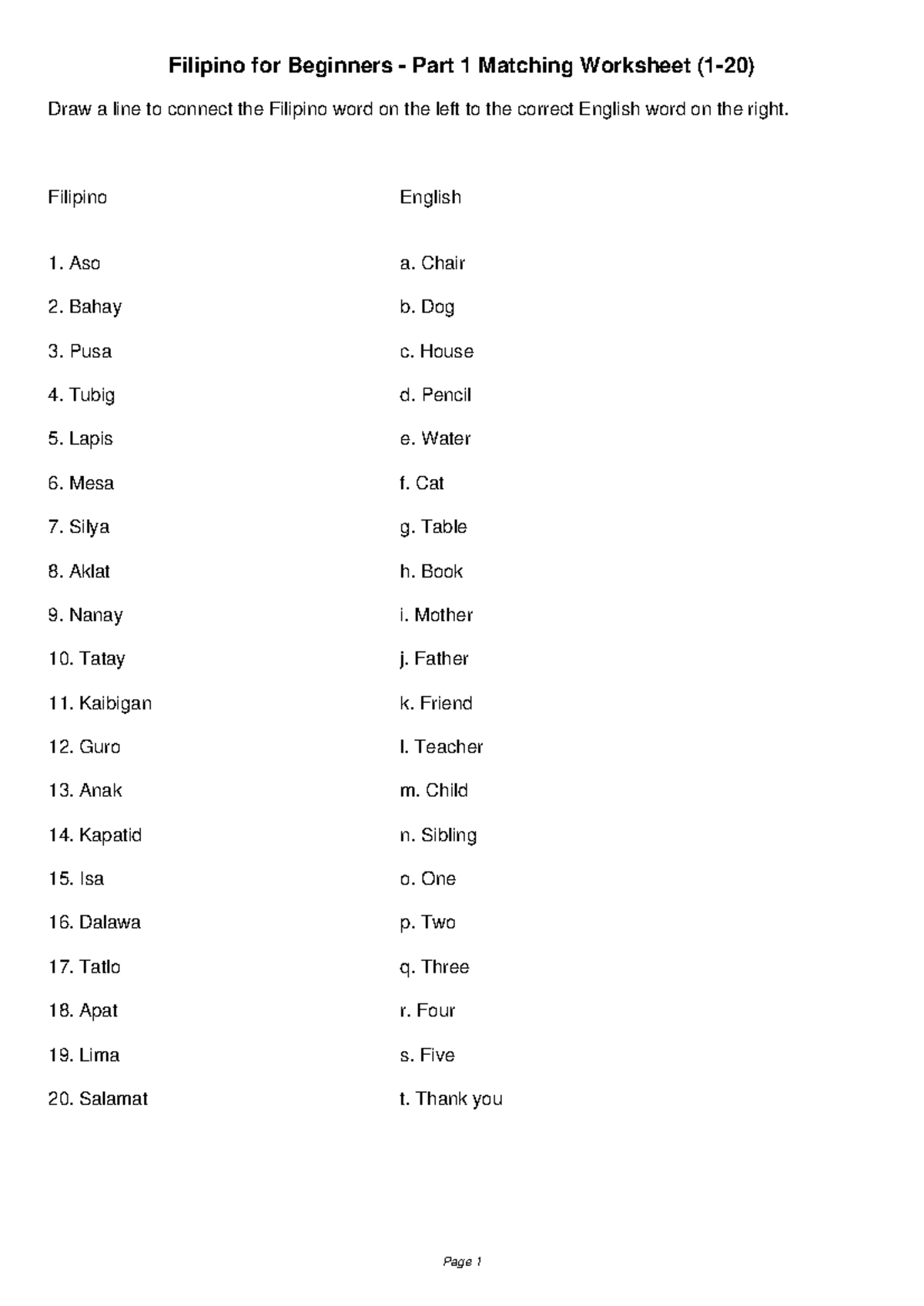 Filipino for Beginners - Part 1 Matching Worksheet with Answers - Studocu