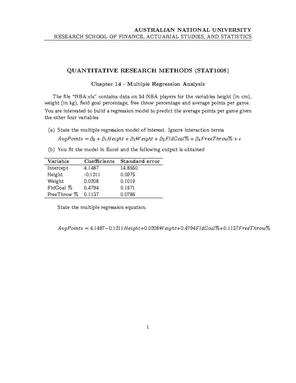 STAT1008 Chapter 14 Multiple Linear Regression Solutions - Studocu